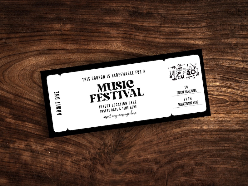 Custom Music Festival Ticket Template, Printable Outdoor Concert Ticket ...