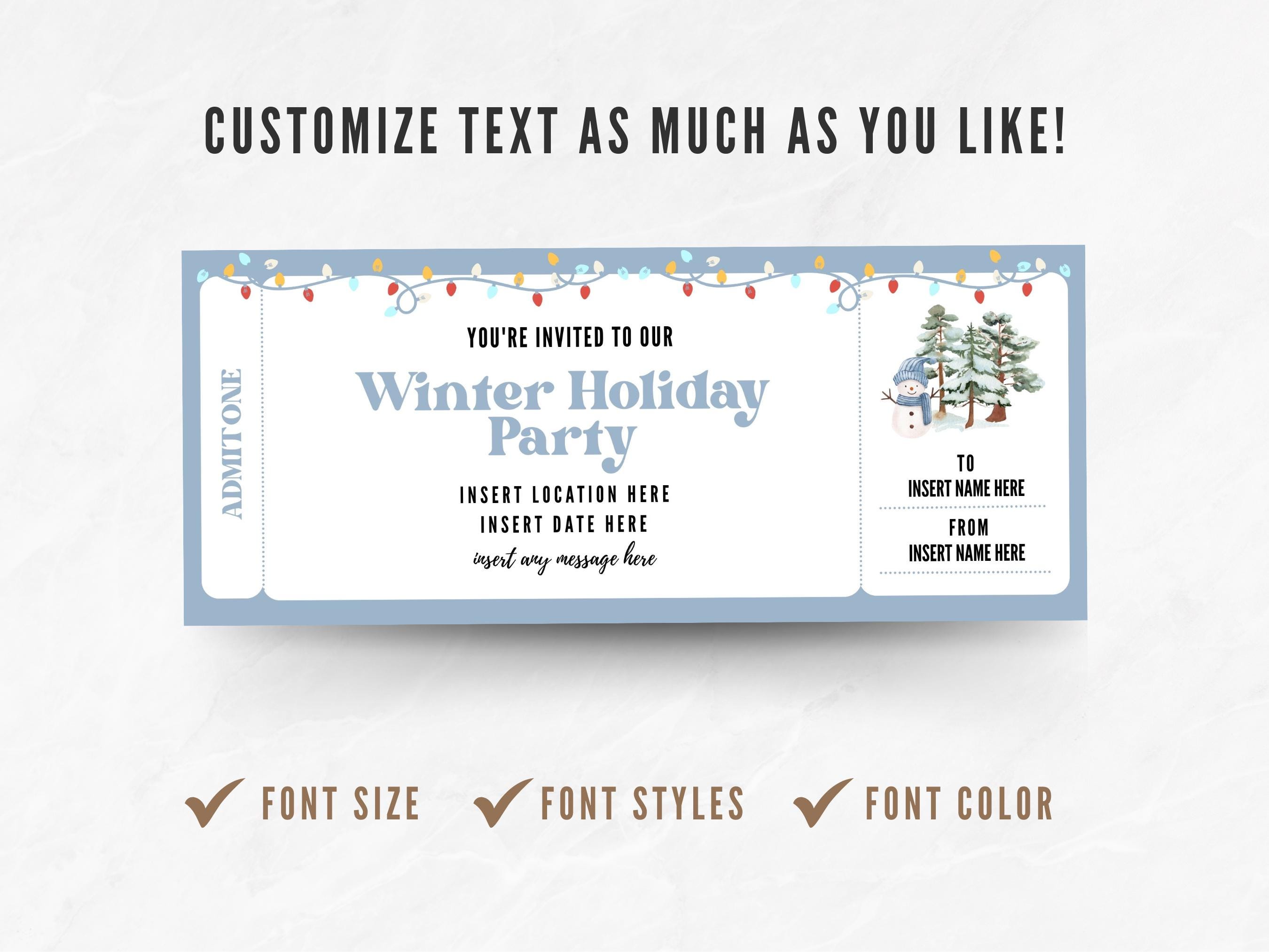 Editable Holiday Party Ticket Template, Custom Winter Holiday Party ...