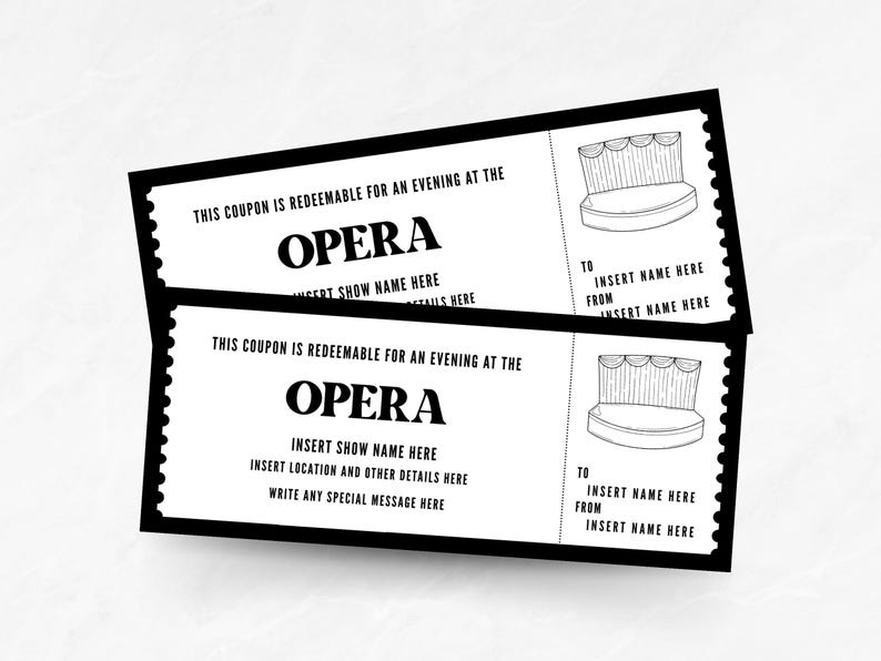 Custom Opera Ticket Template, Printable Opera Show Ticket Coupon ...