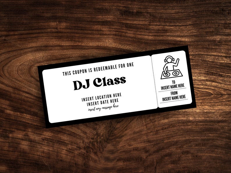 Editable DJ Class Coupon, Custom DJ Lesson Ticket Template, Printable ...