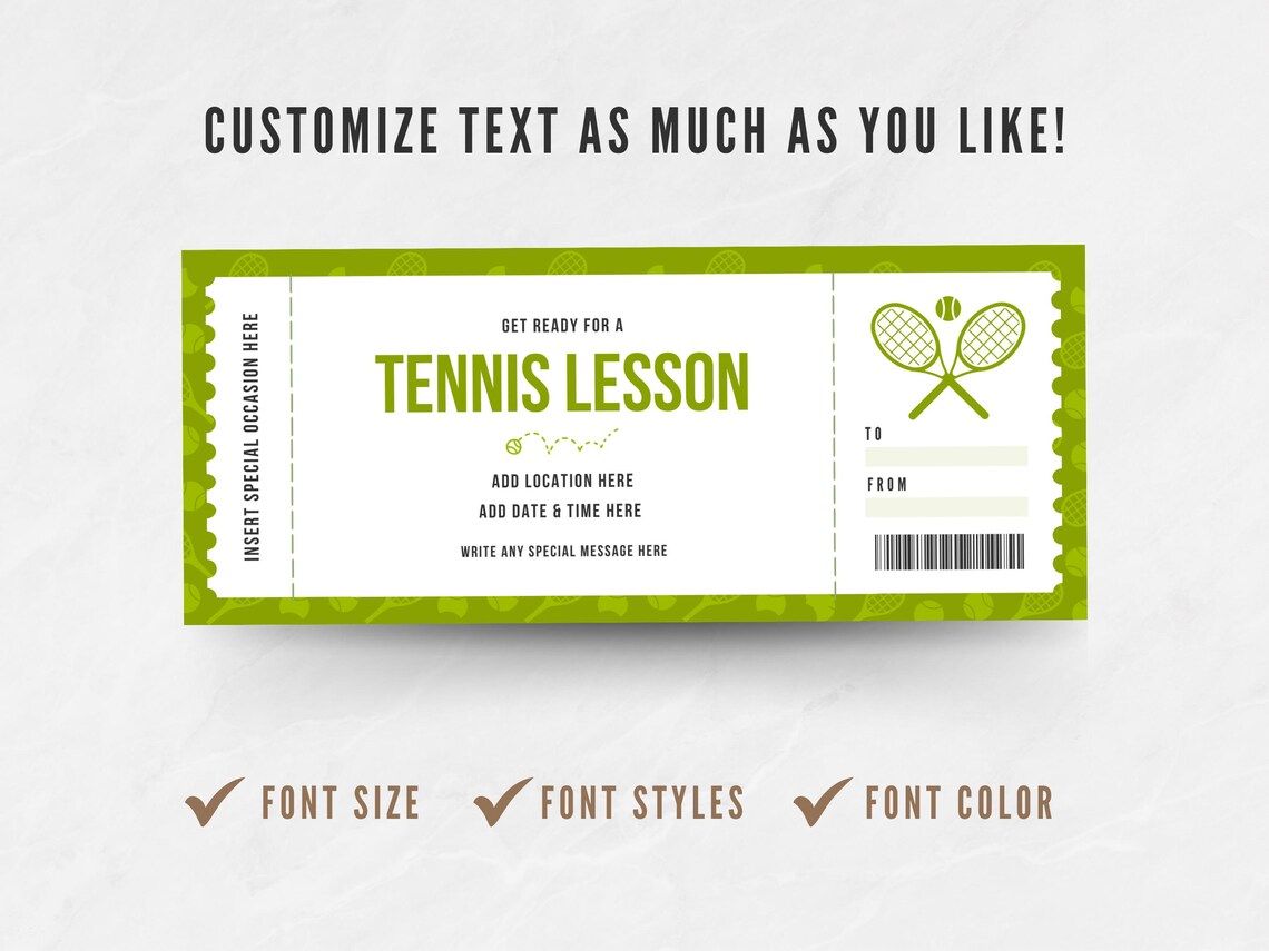 Editable Tennis Lesson Coupon, Custom Tennis Lessons Ticket Template ...