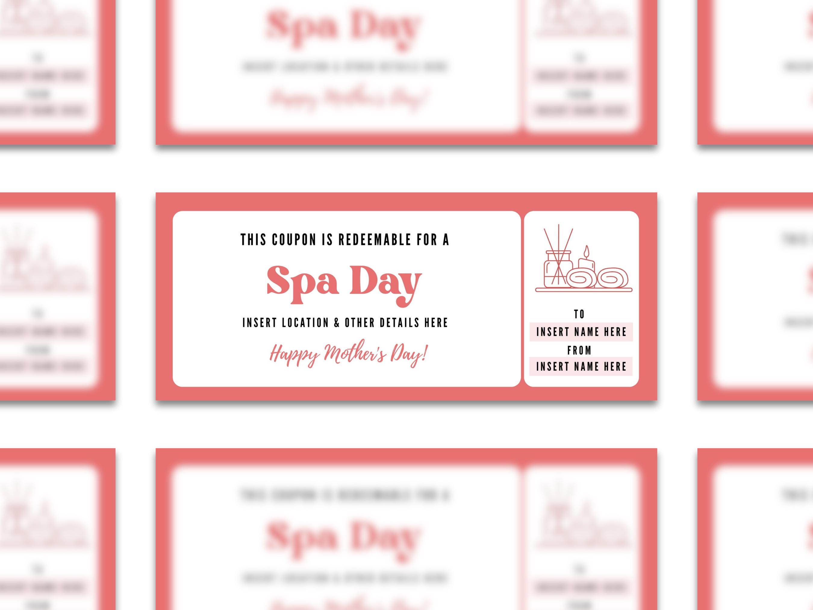 Editable Spa Day Coupon, Printable Spa Ticket Voucher, Custom Mother's ...