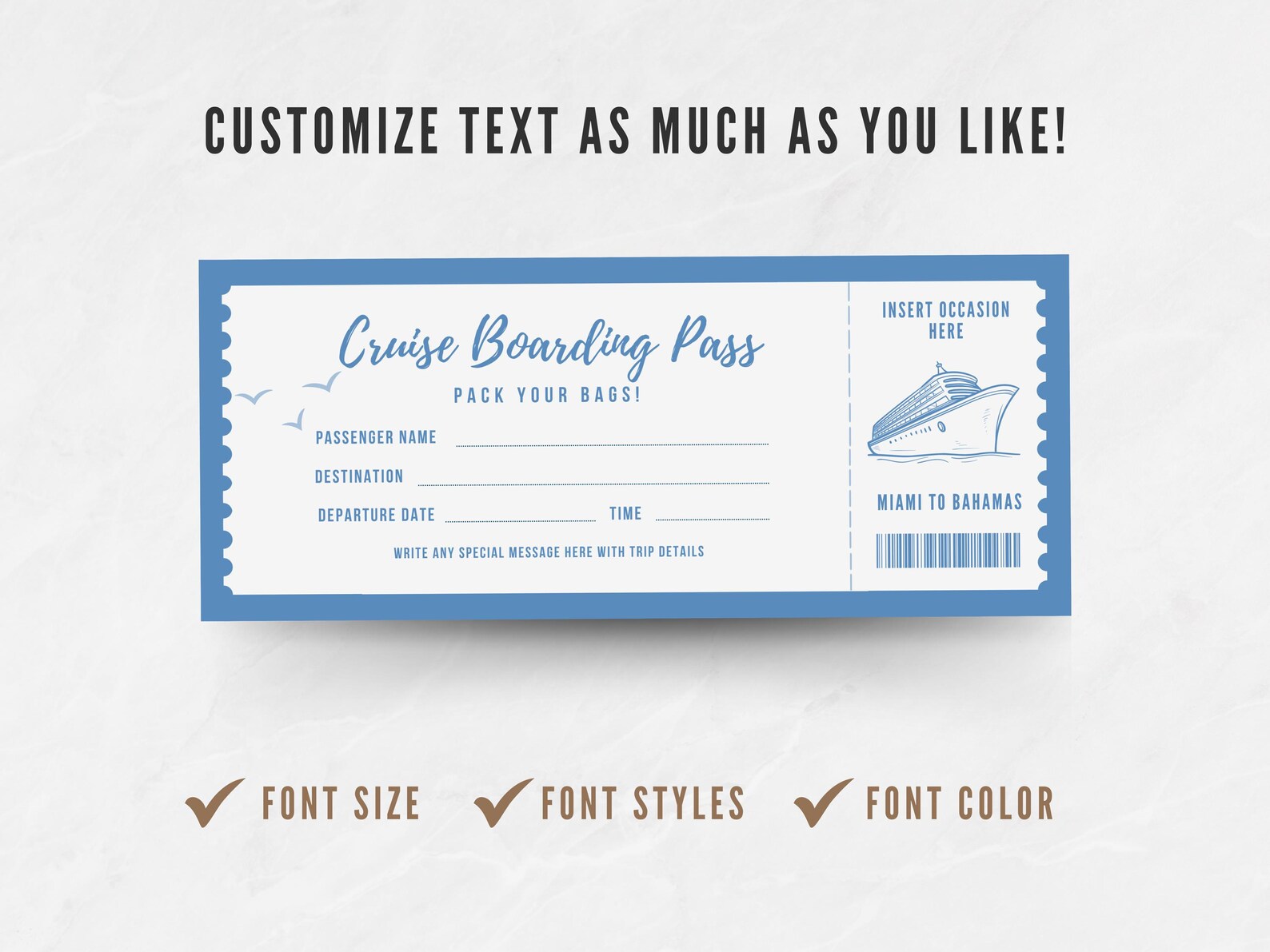 Editable Cruise Ticket, Cruise Boarding Pass Coupon, Personalized ...