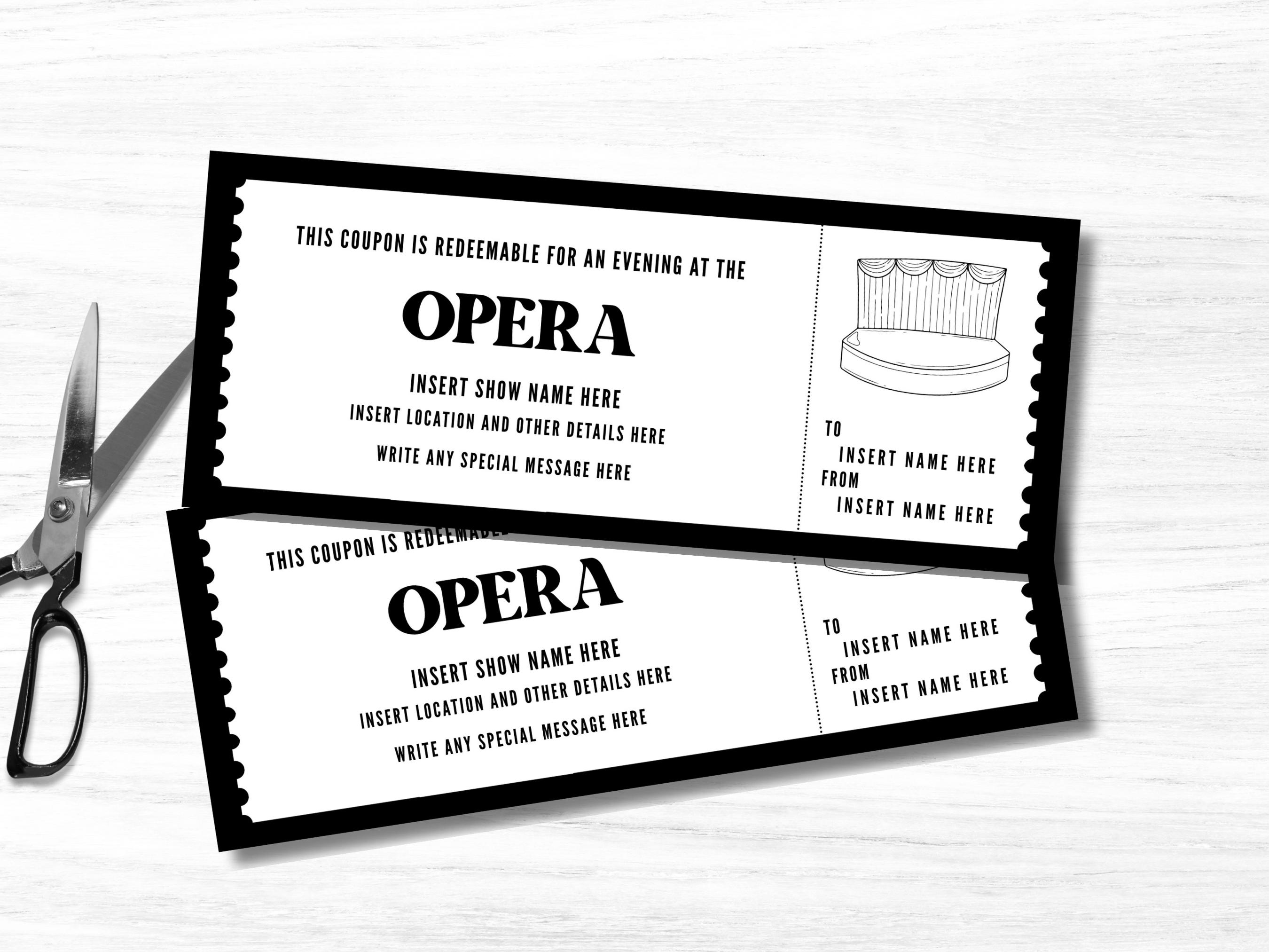 Custom Opera Ticket Template, Printable Opera Show Ticket Coupon ...