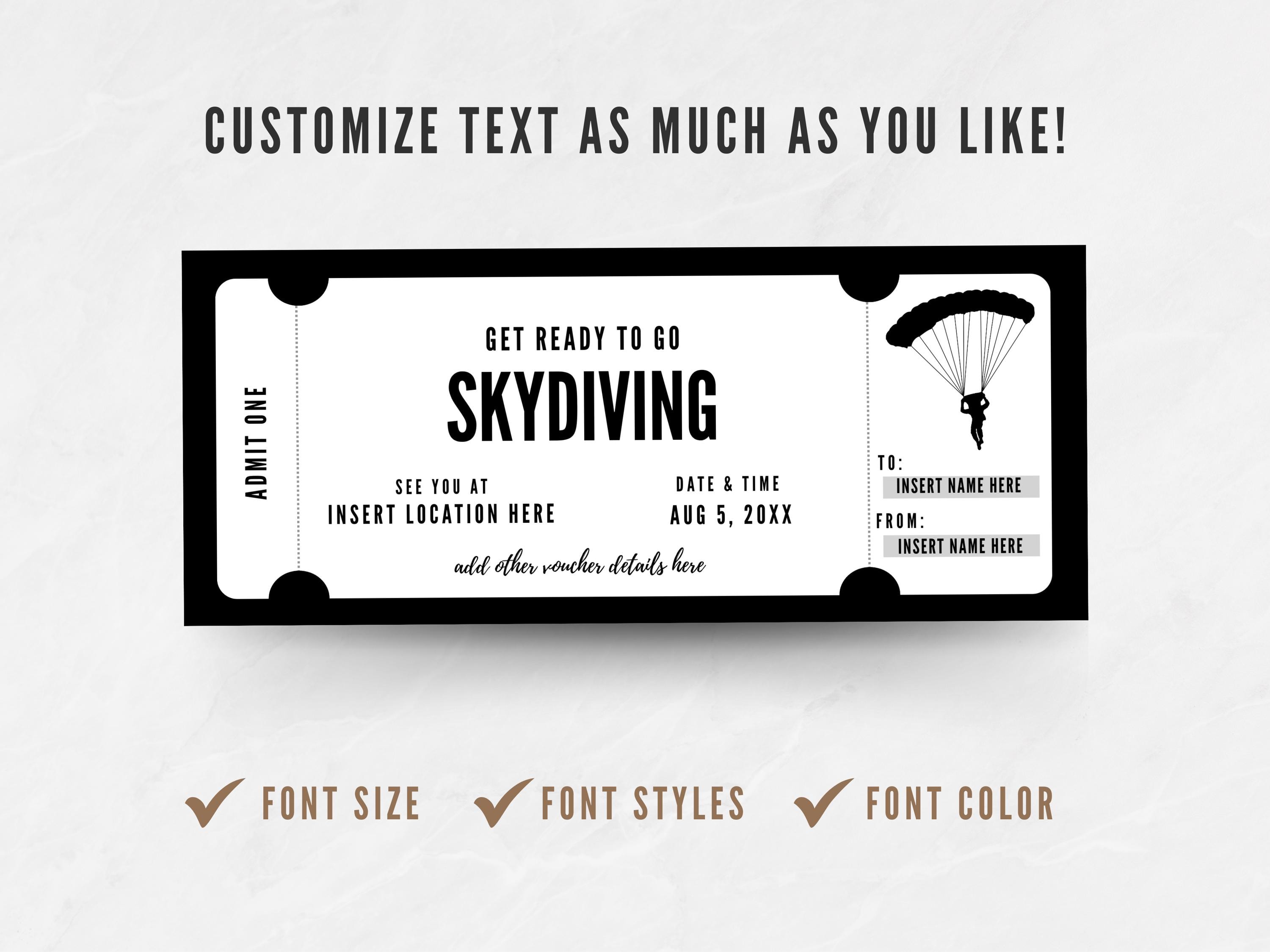 Custom Skydiving Ticket Template, Editable Skydiving Coupon, Surprise ...