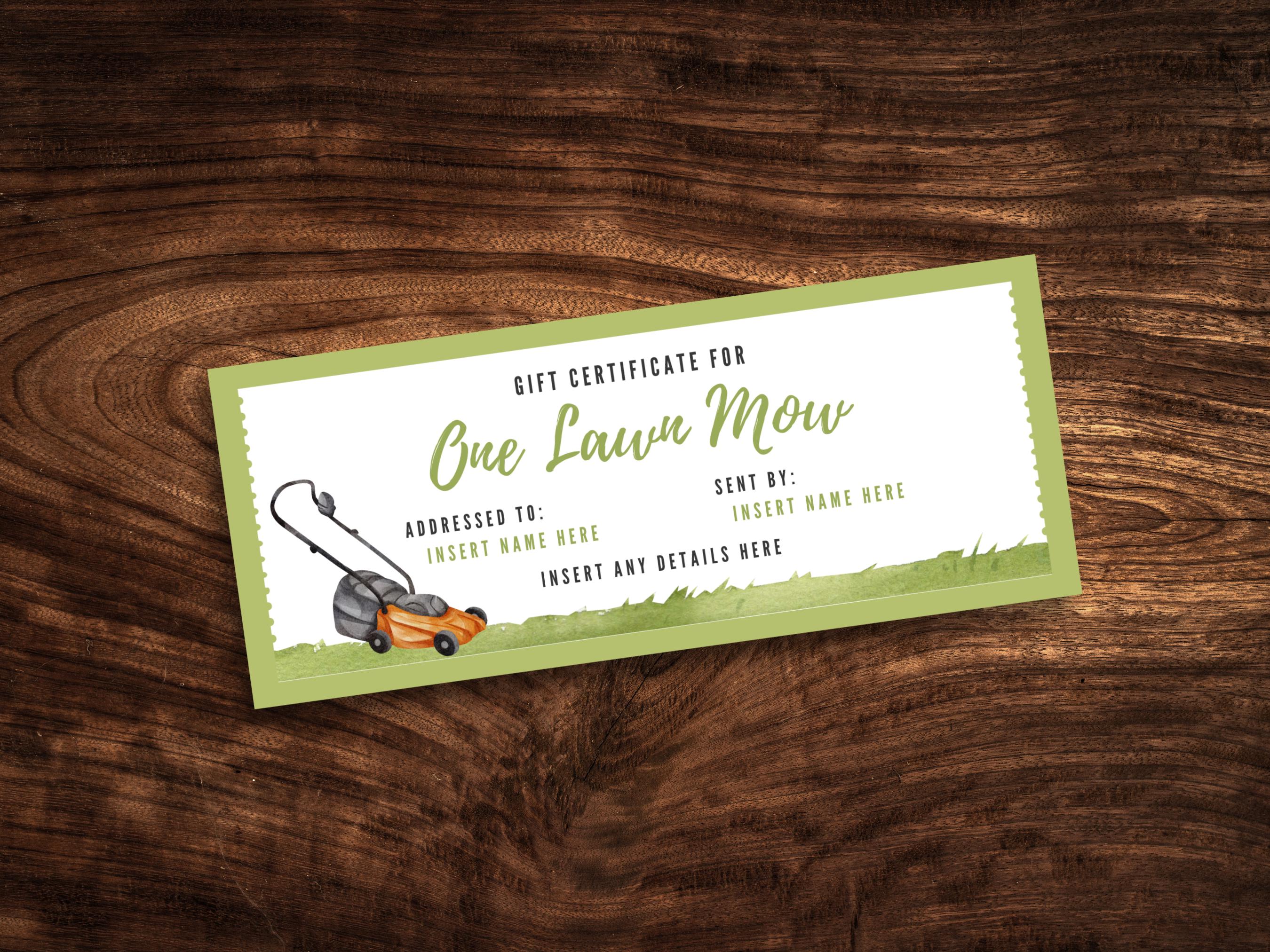 Lawn Care Gift Certificate, Editable Mow the Lawn Voucher, Printable Landscape Coupon PDF - Etsy