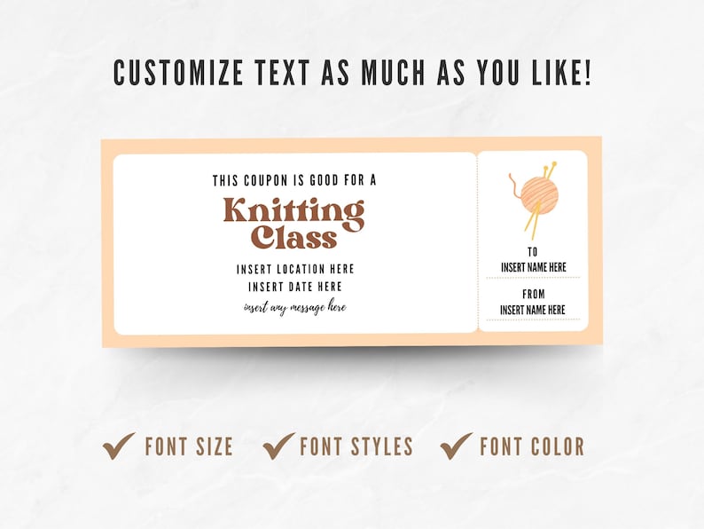Printable Knitting Class Coupon, Editable Knitting Lesson Ticket ...
