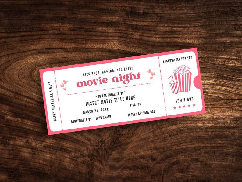 Editable Movie Night Coupon, Custom Movie Valentine's Day Voucher ...