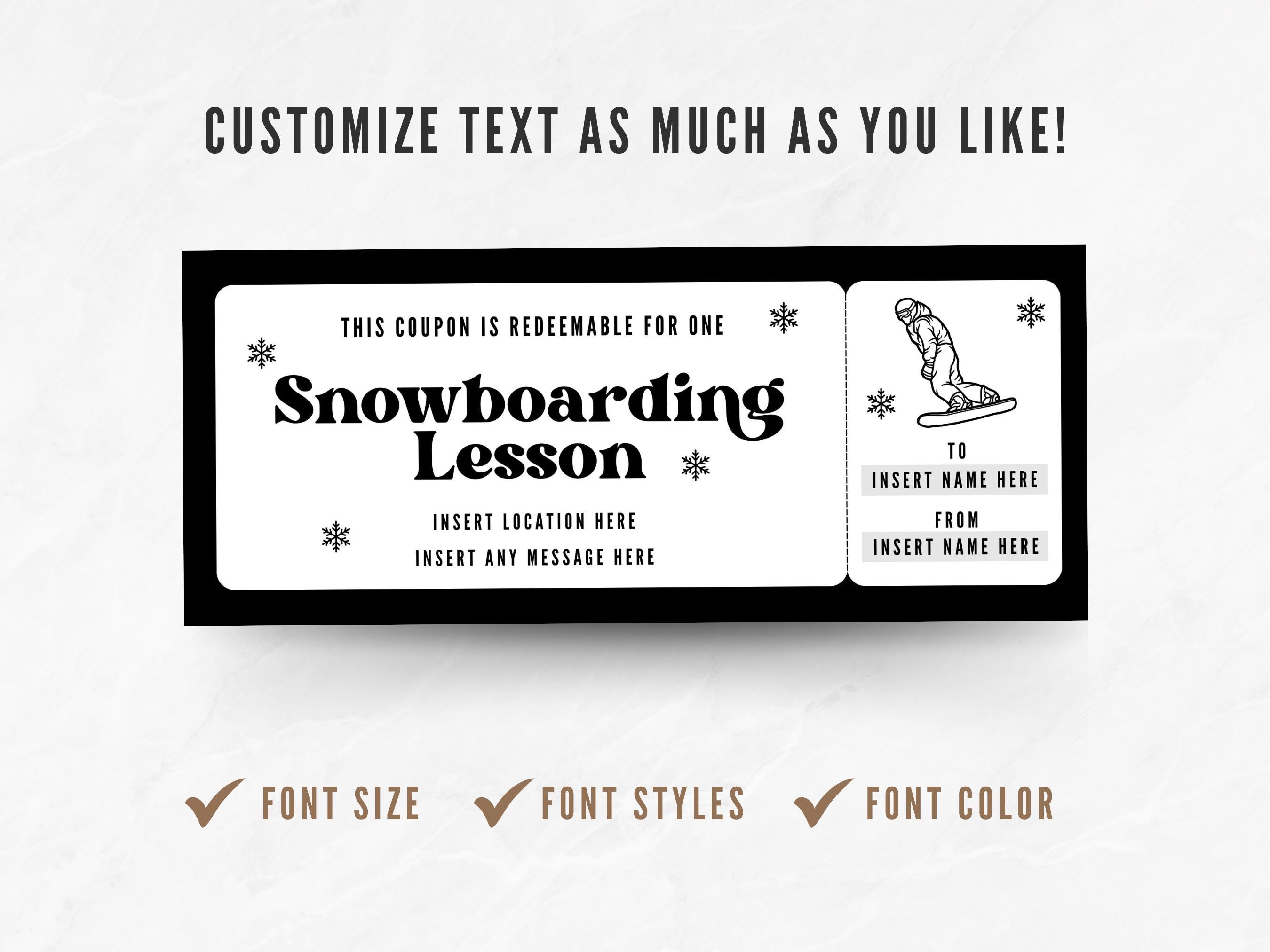 Editable Snowboarding Lesson Coupon, Custom Snowboarding Lift Ticket ...
