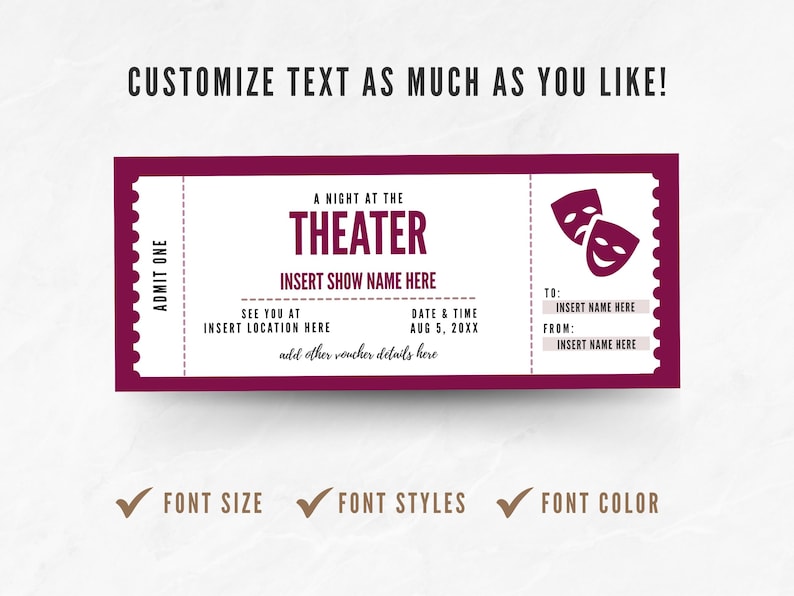Custom Theater Ticket Template, Printable Play Show Ticket Coupon ...
