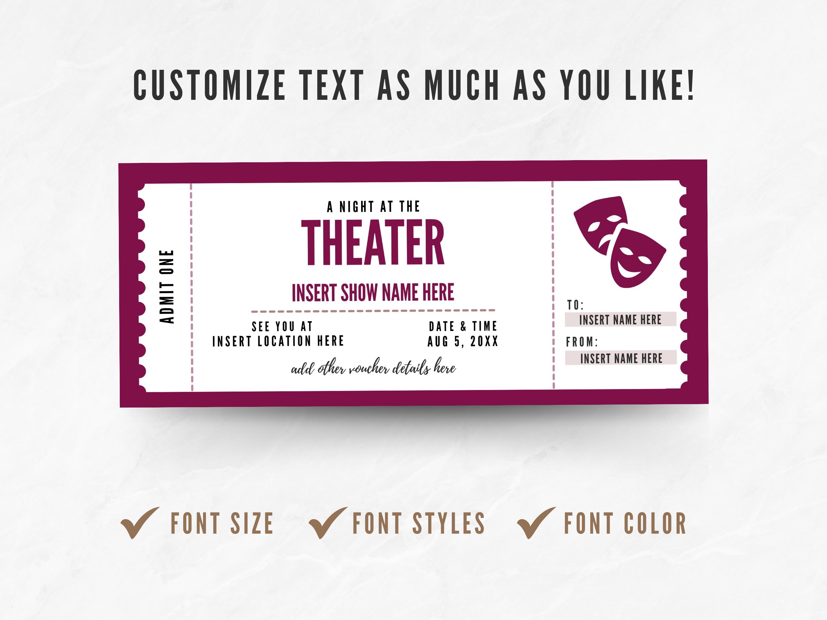 Custom Theater Ticket Template, Printable Play Show Ticket Coupon ...