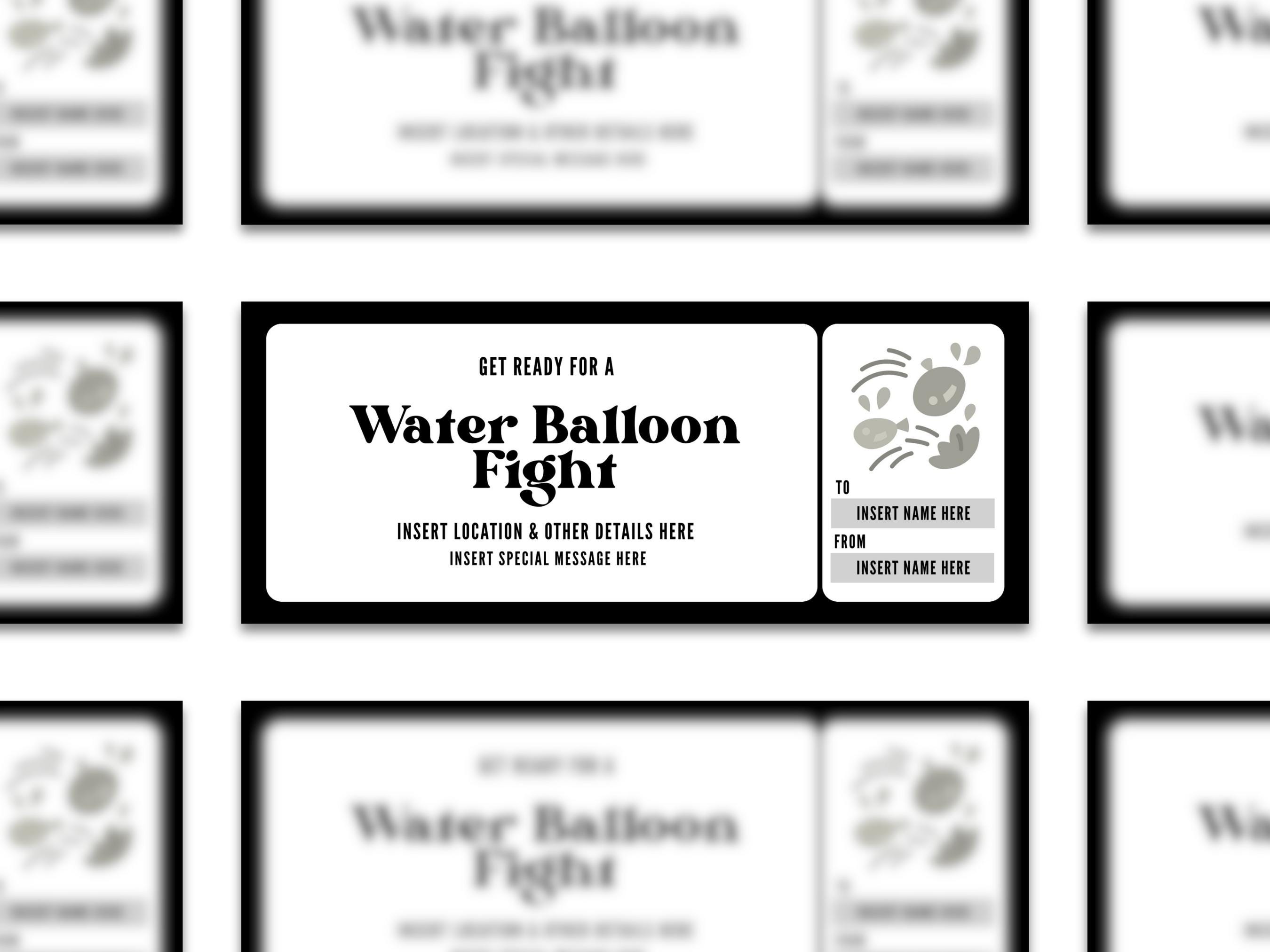 Editable Water Balloon Fight Ticket Template, Custom Water Balloon ...