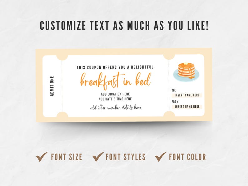 Editable Breakfast in Bed Coupon, Printable Breakfast in Bed Ticket ...