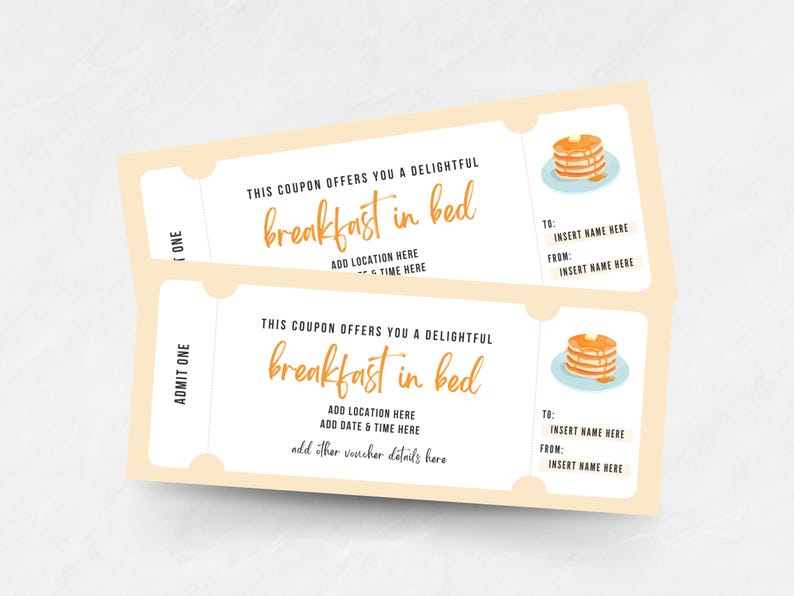 Editable Breakfast in Bed Coupon, Printable Breakfast in Bed Ticket ...