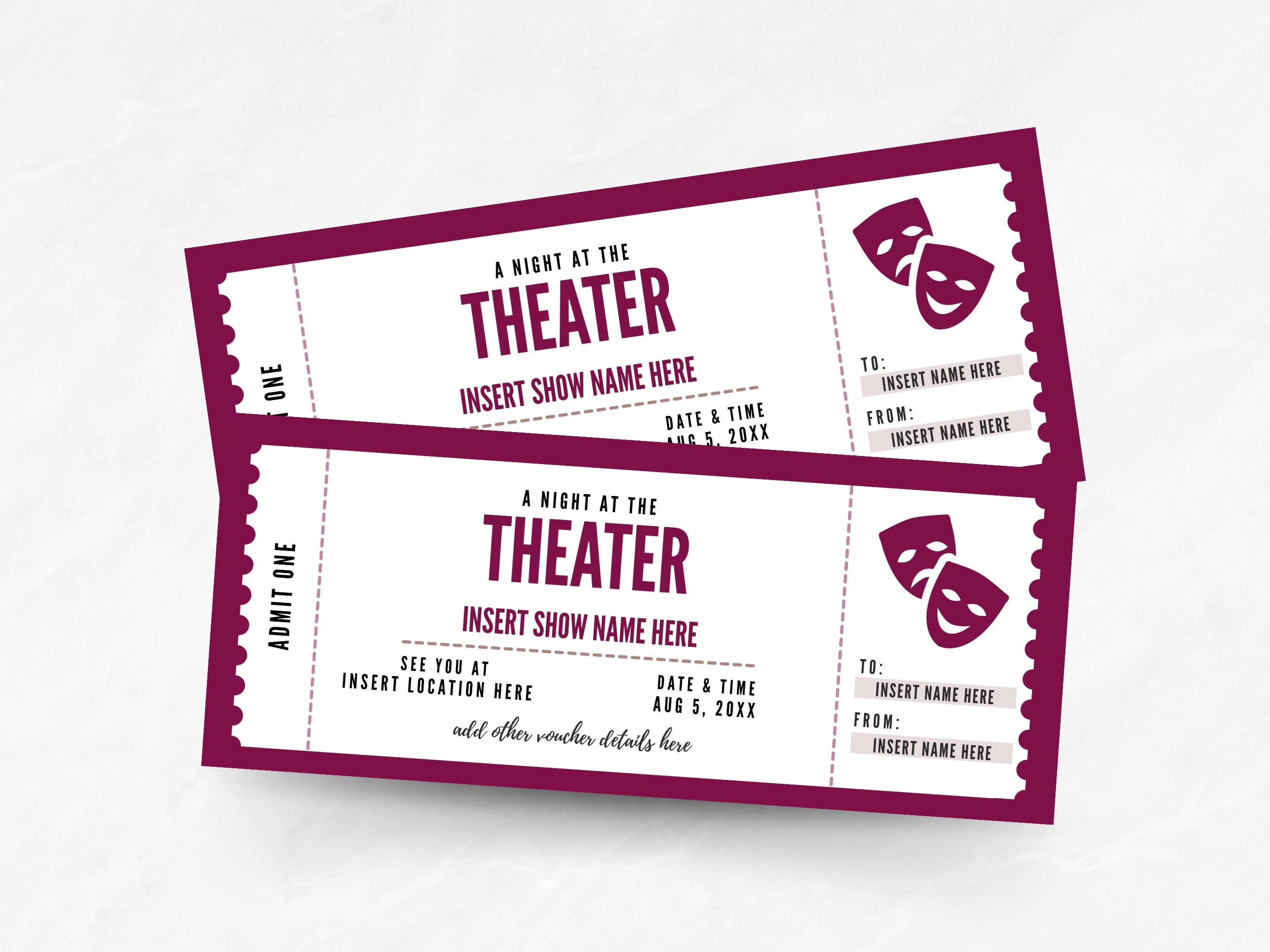 Custom Theater Ticket Template, Printable Play Show Ticket Coupon ...