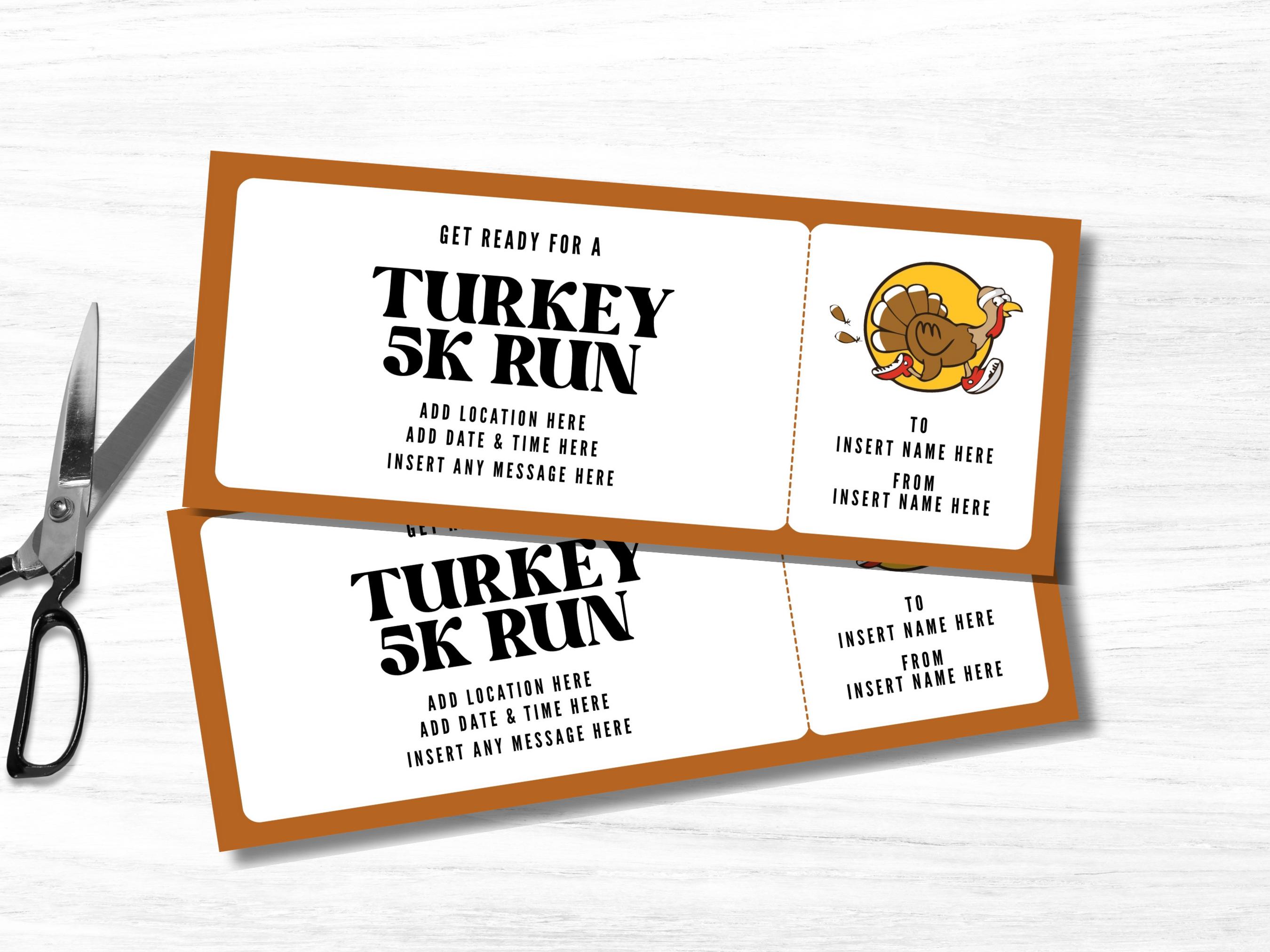 Editable Turkey 5k Run Ticket Template, Custom Thanksgiving 5k Race ...