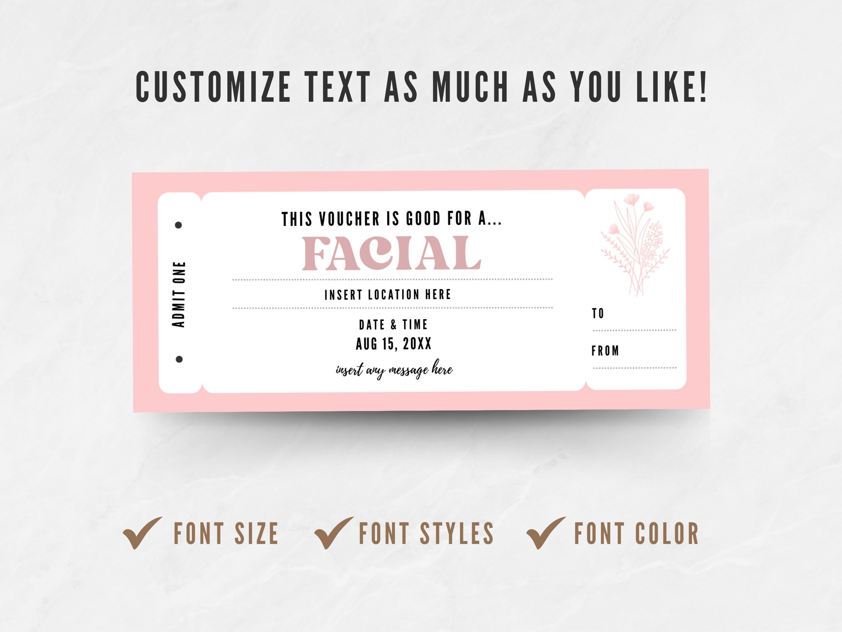 Editable Facial Coupon Template, Custom Facial Massage Ticket Gift ...