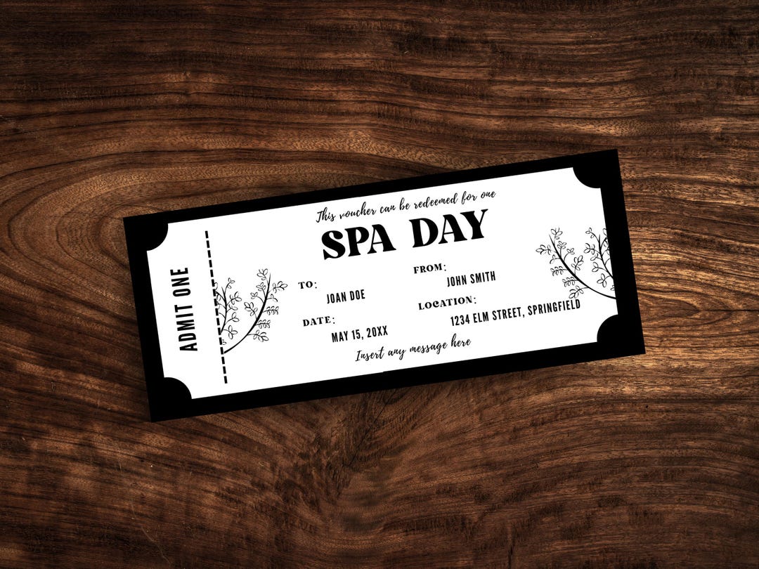 Editable Spa Day Coupon, Printable Spa Ticket Voucher, Custom Spa Day ...