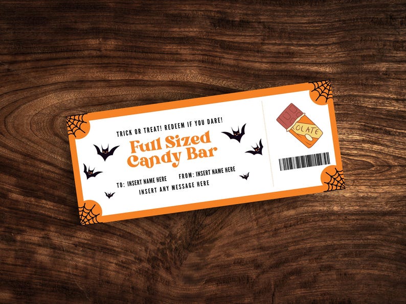 Editable Full Sized Candy Bar Coupon, Custom Trick or Treat Ticket ...