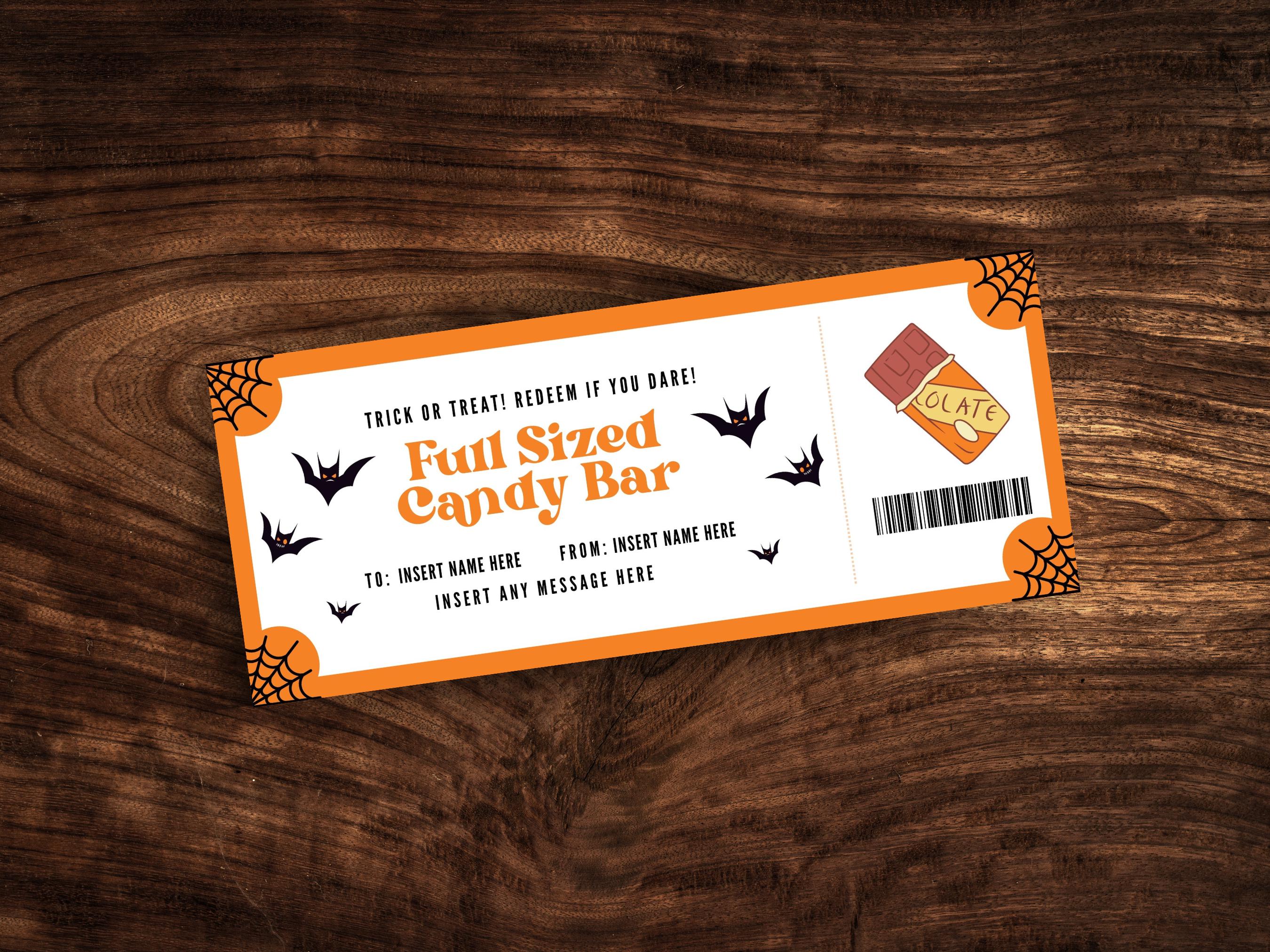 Editable Full Sized Candy Bar Coupon, Custom Trick or Treat Ticket ...