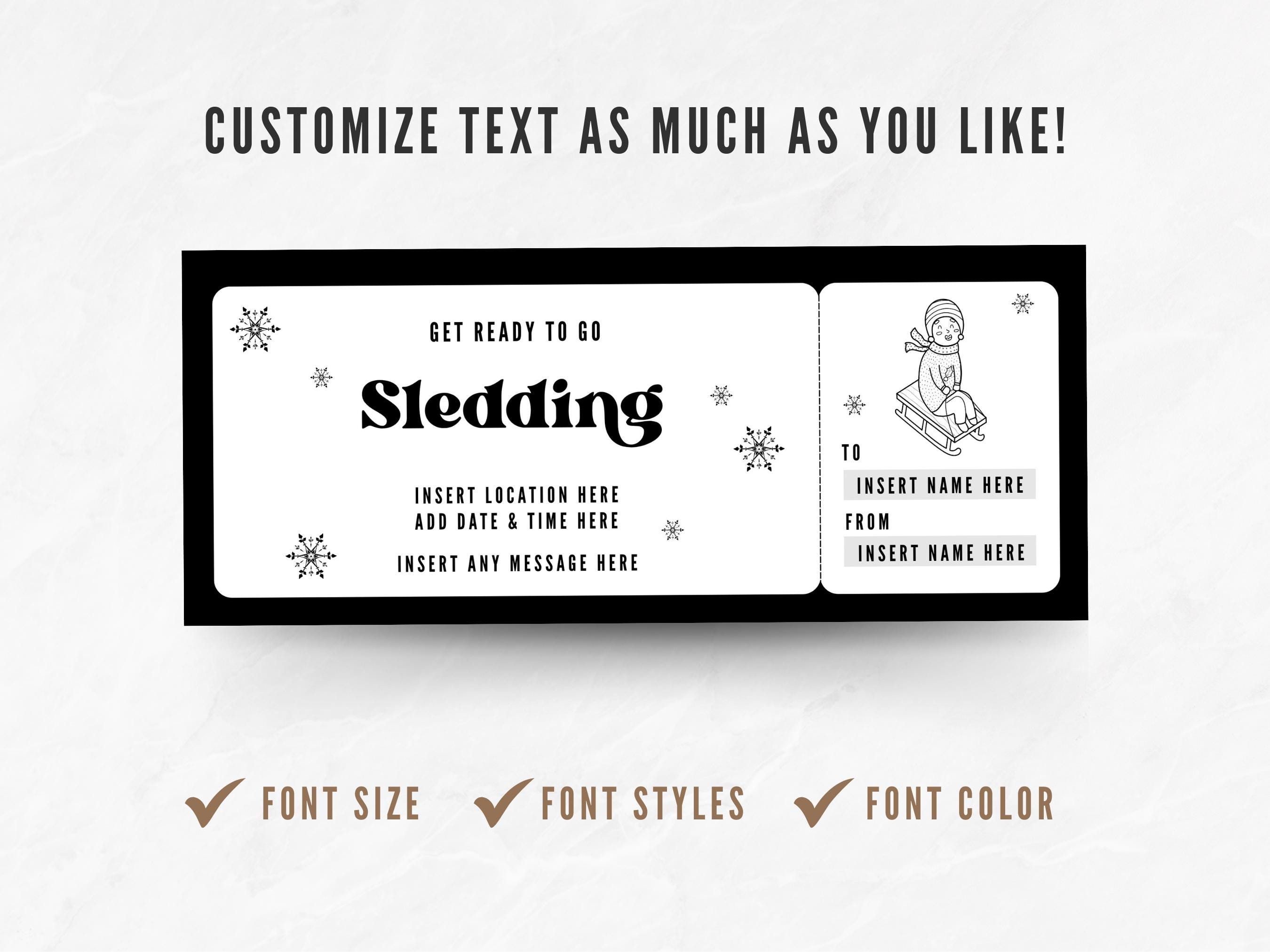 Editable Sledding Ticket Template, Custom Winter Snow Sledding Coupon ...