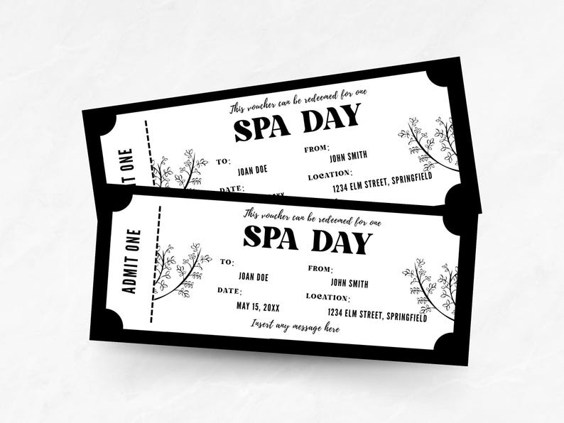 Editable Spa Day Coupon, Printable Spa Ticket Voucher, Custom Spa Day ...