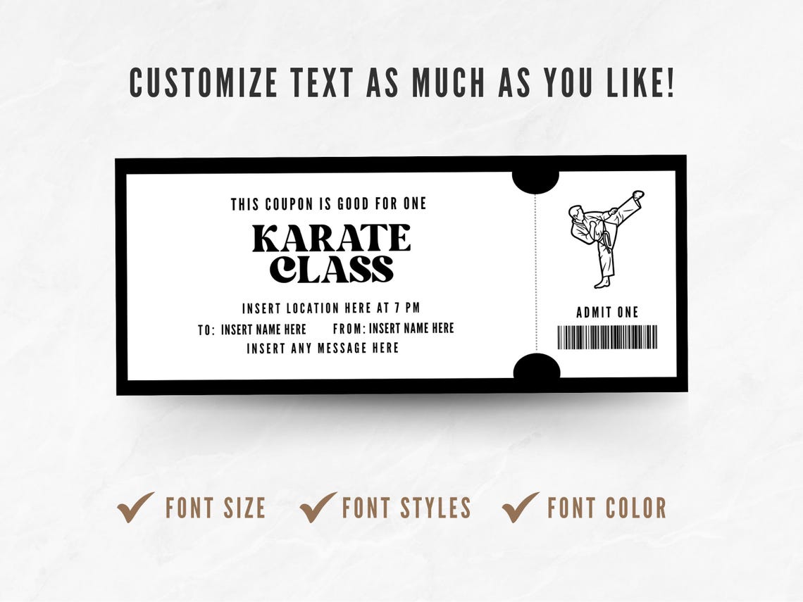 Editable Karate Class Coupon, Custom Karate Lesson Ticket Template ...