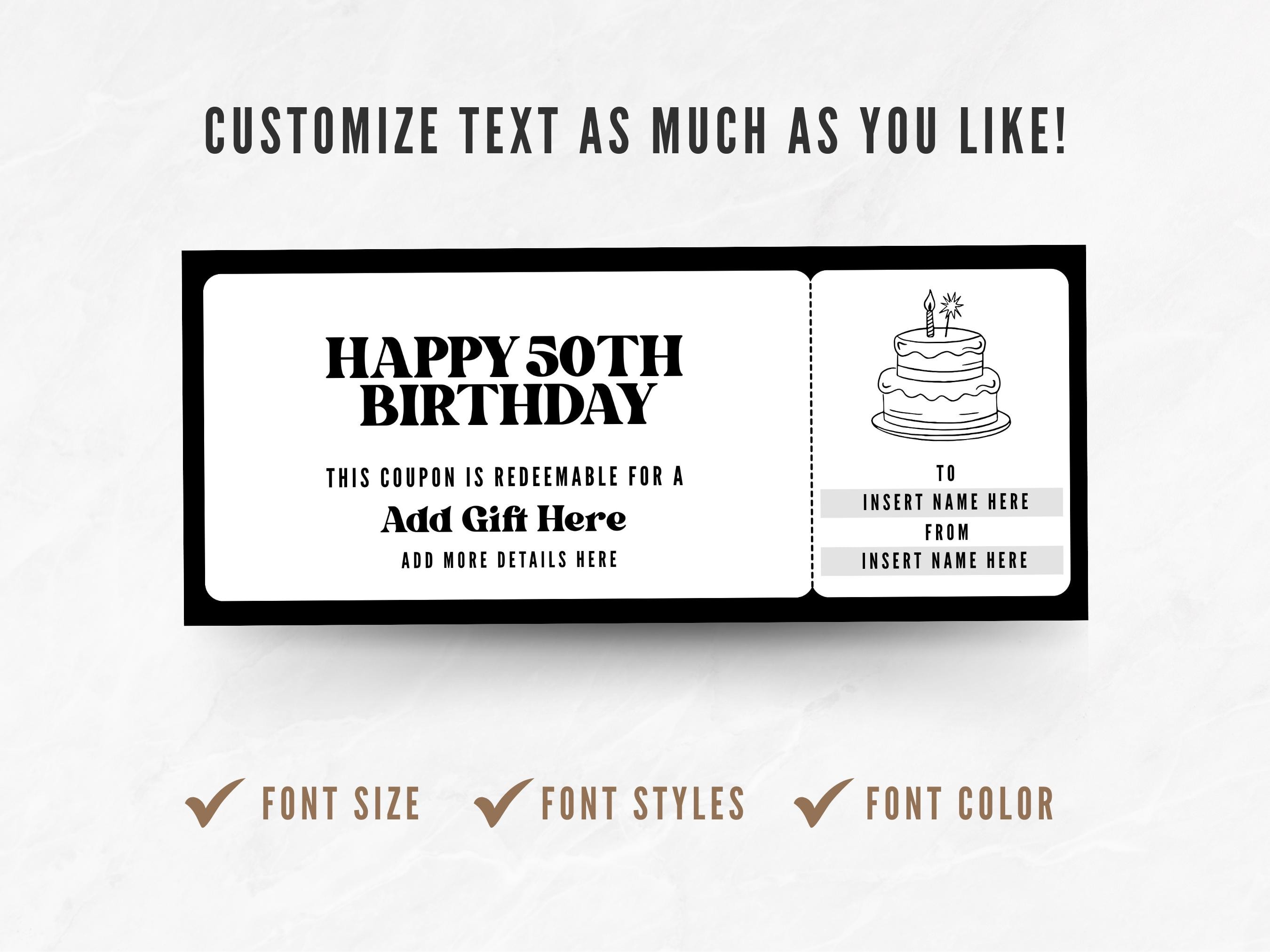Editable 50th Birthday Gift Certificate Template, Custom Happy 50th ...