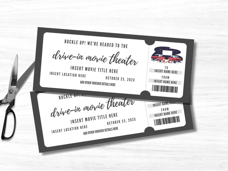 Editable Drive-in Movie Theater Ticket Template, Custom Drive-ins Movie ...