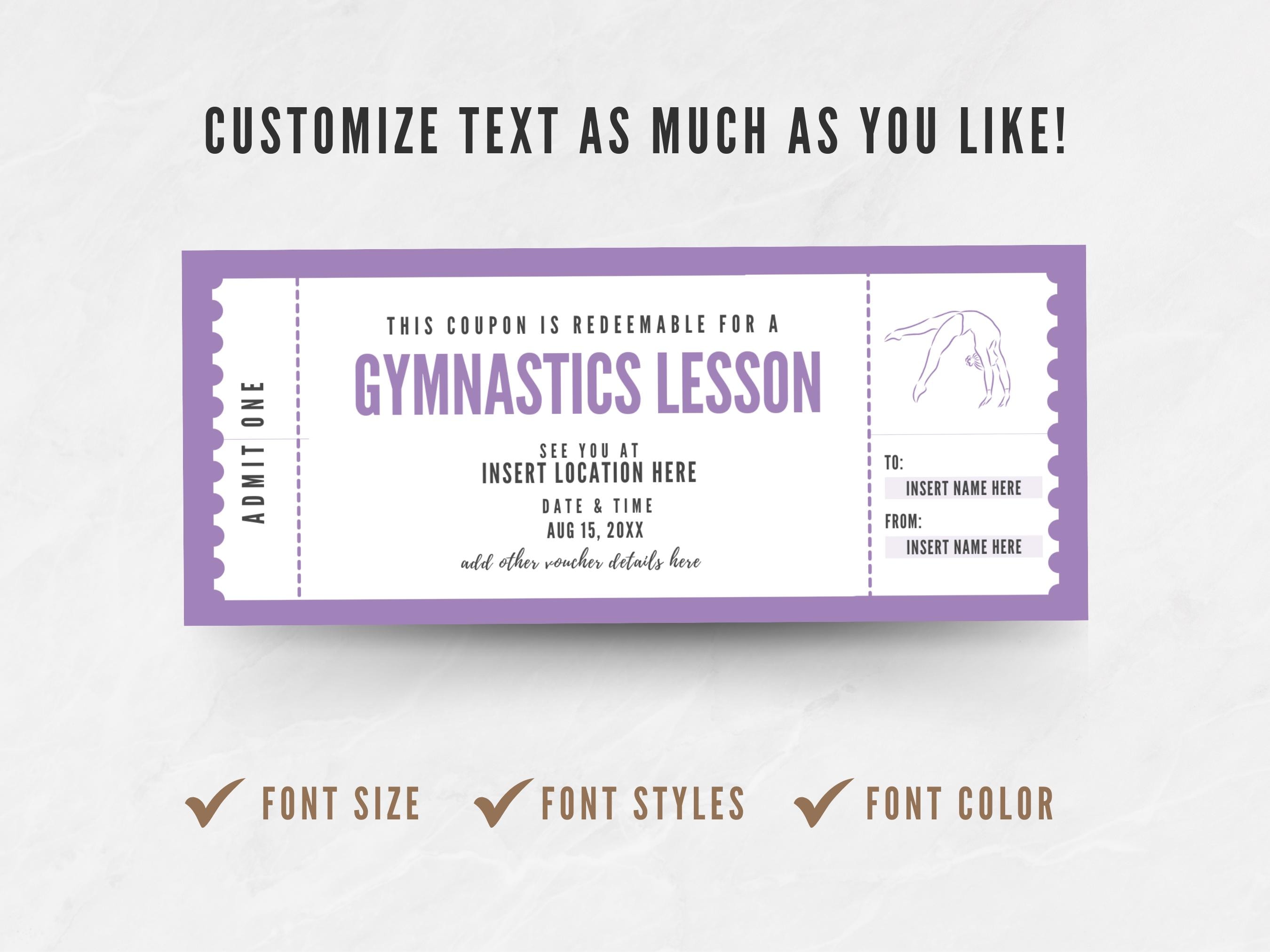 Editable Gymnastics Lesson Coupon, Custom Gymnastics Lessons Ticket ...