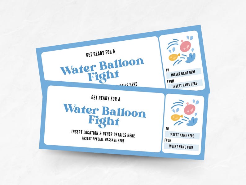 Editable Water Balloon Fight Ticket Template, Custom Water Balloon ...