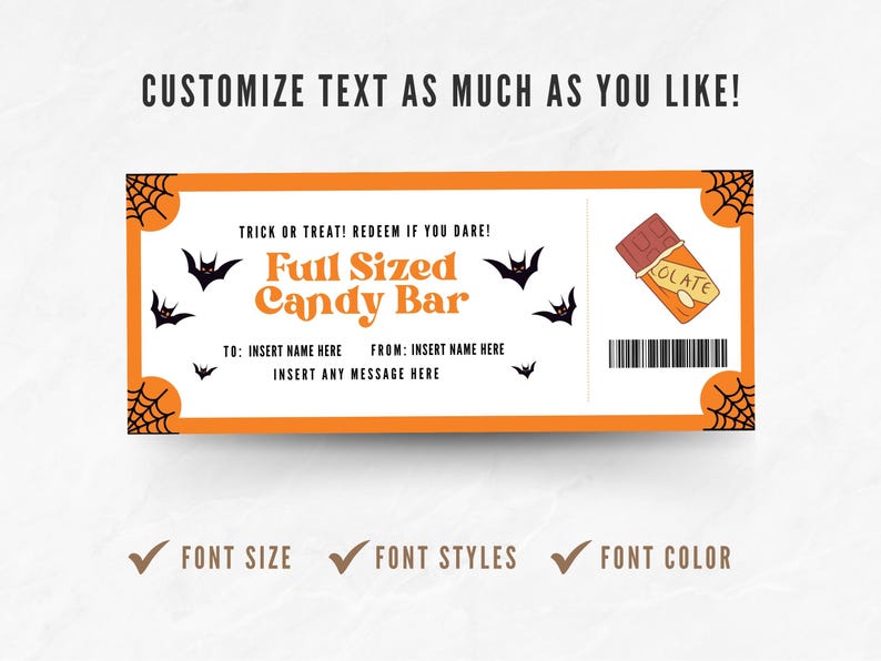 Editable Full Sized Candy Bar Coupon, Custom Trick or Treat Ticket ...
