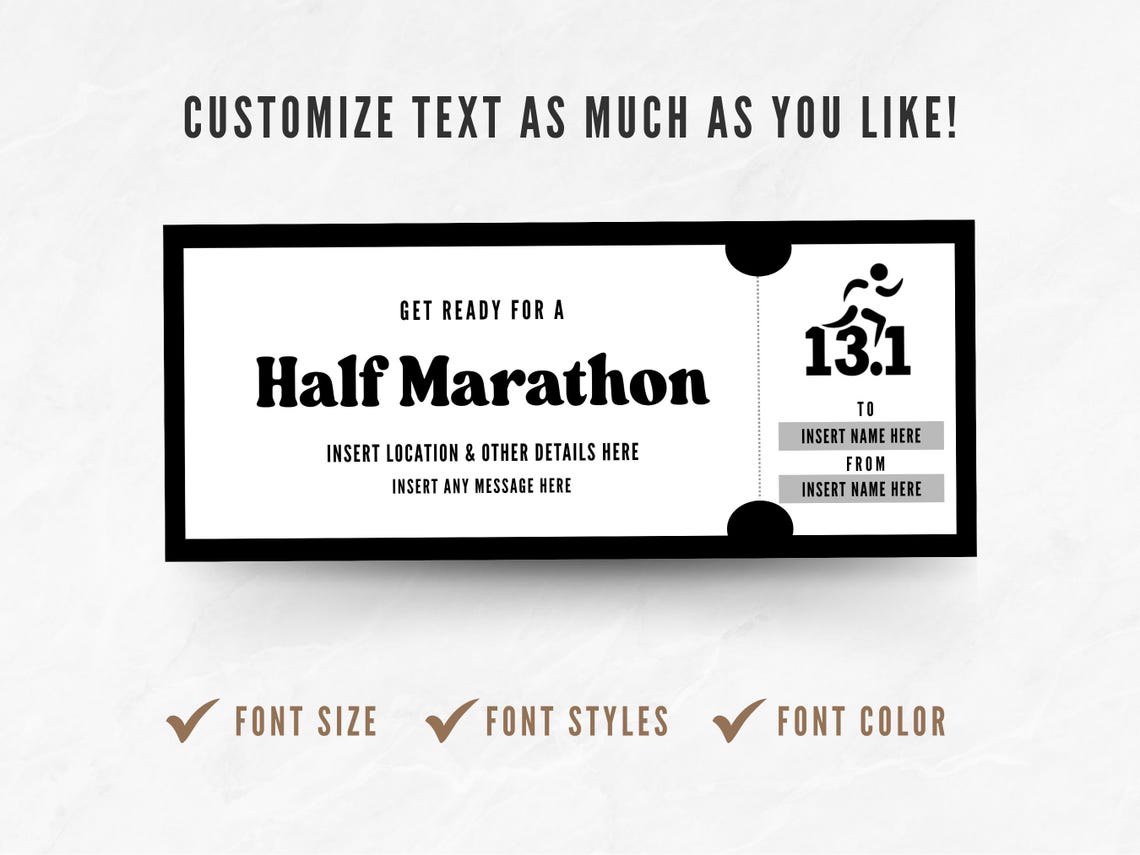 Editable Half-marathon Ticket Template, Custom 1/2 Marathon Race Coupon ...