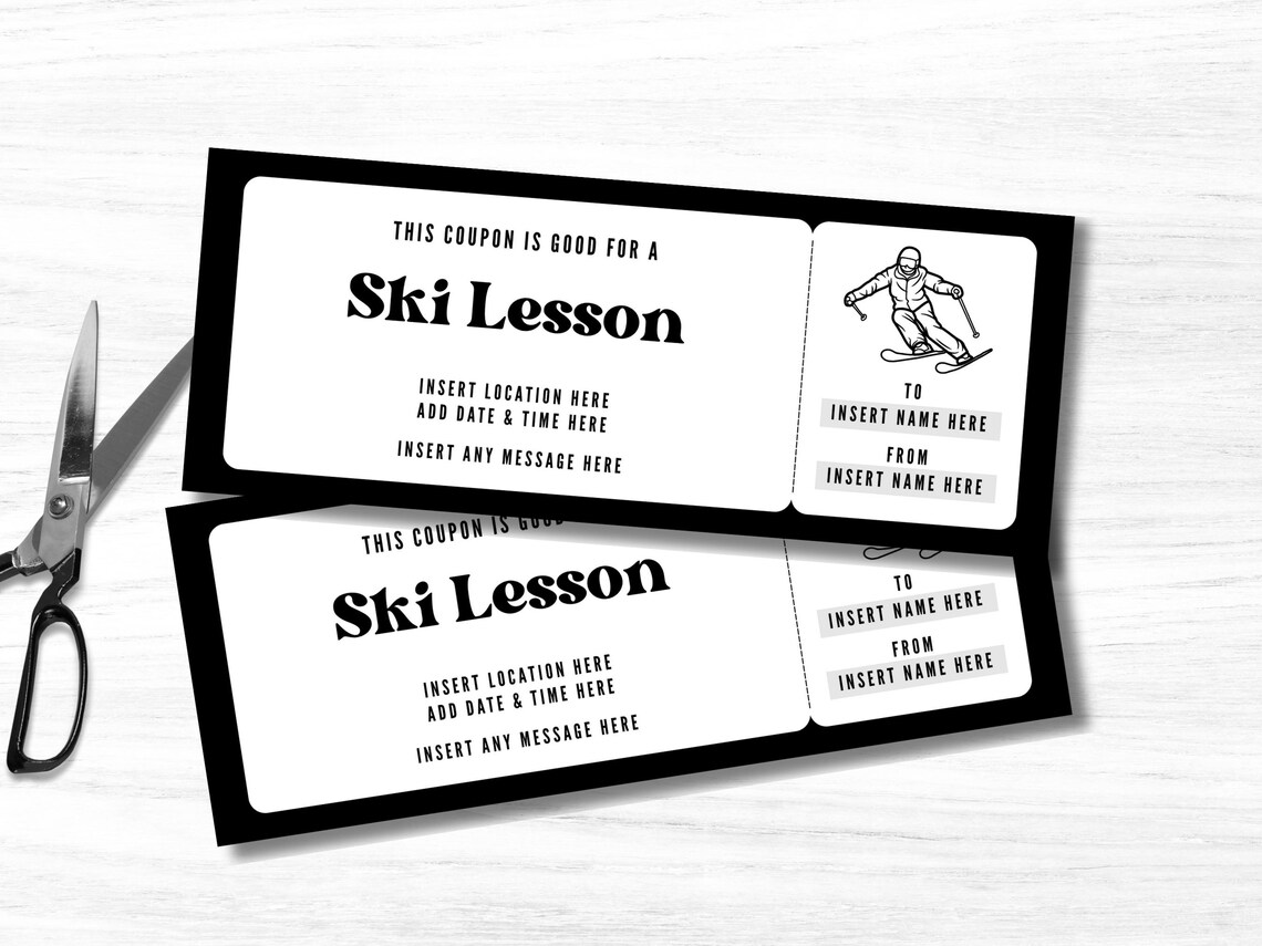Editable Ski Lesson Lift Ticket Template, Custom Ski Class Coupon ...
