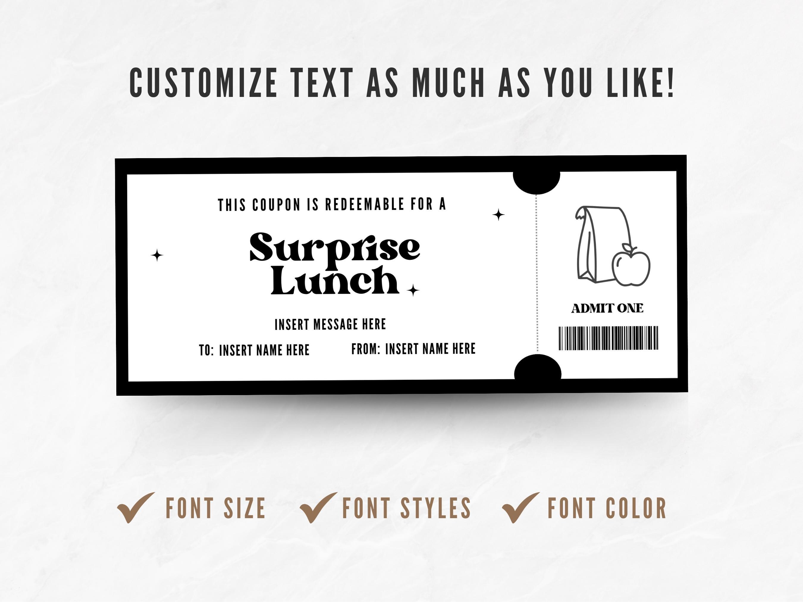 Custom Surprise Lunch Coupon, Printable Surprise Homemade Lunch Voucher ...