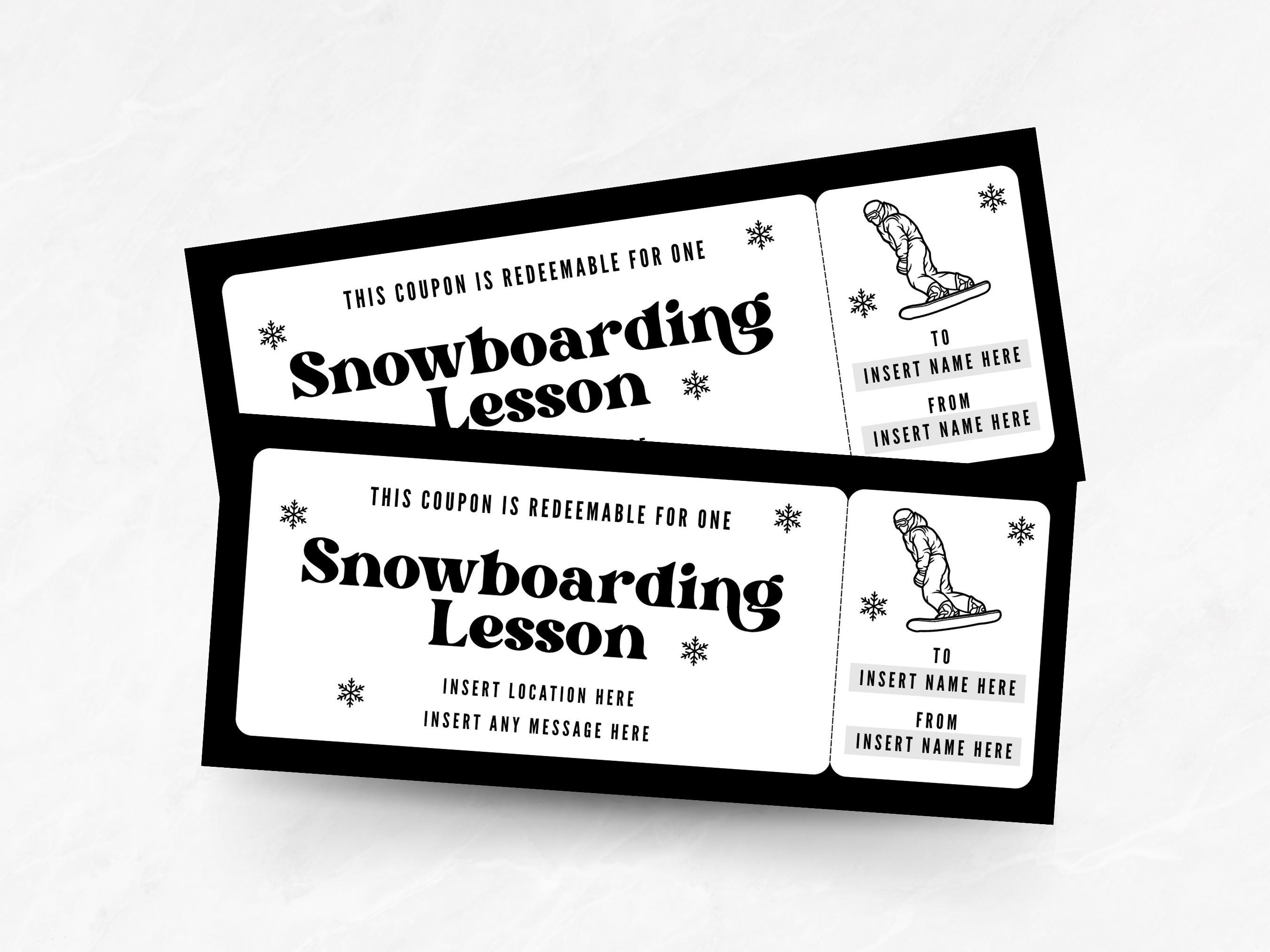 Editable Snowboarding Lesson Coupon, Custom Snowboarding Lift Ticket ...