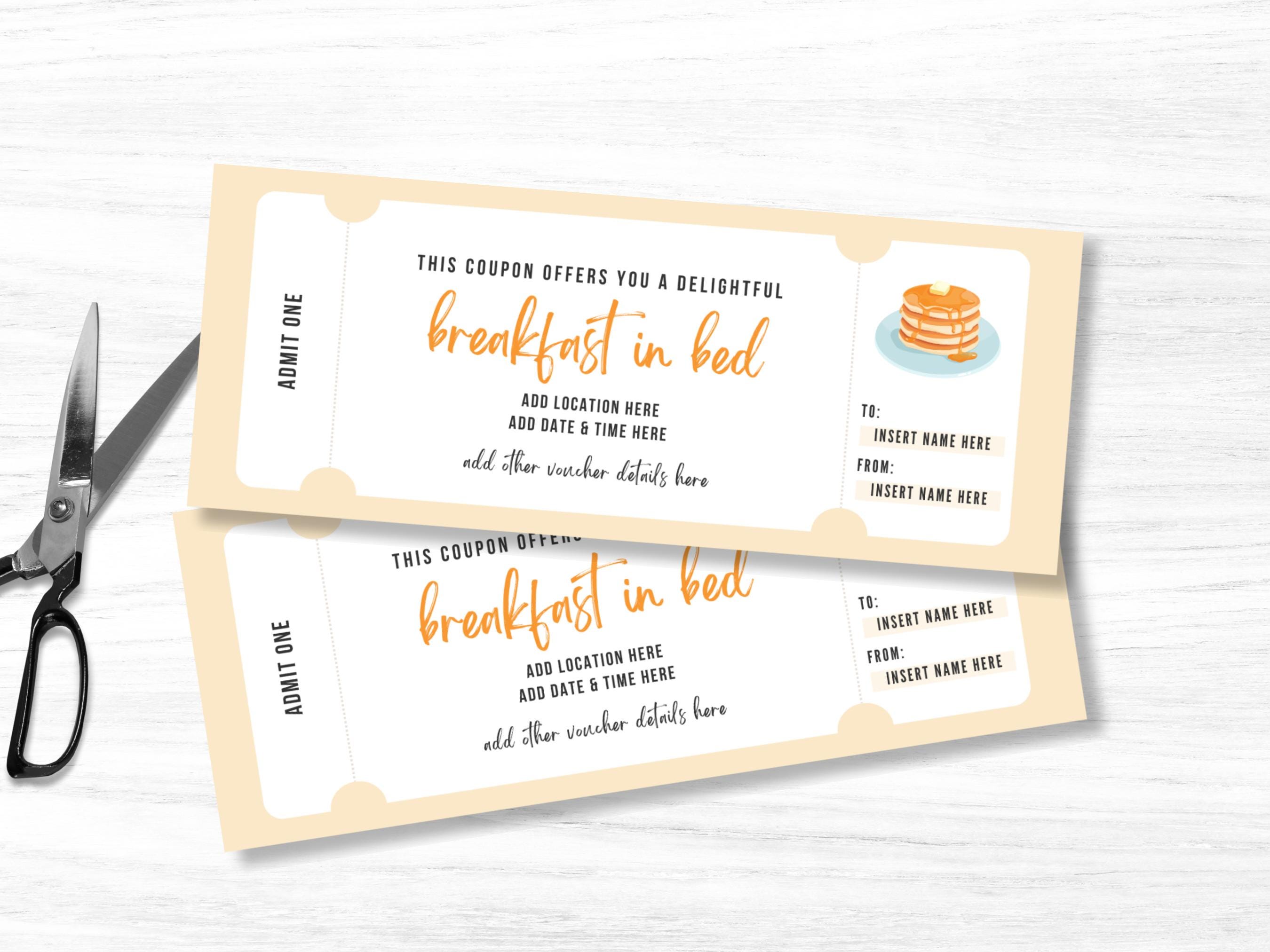 Editable Breakfast in Bed Coupon, Printable Breakfast in Bed Ticket ...