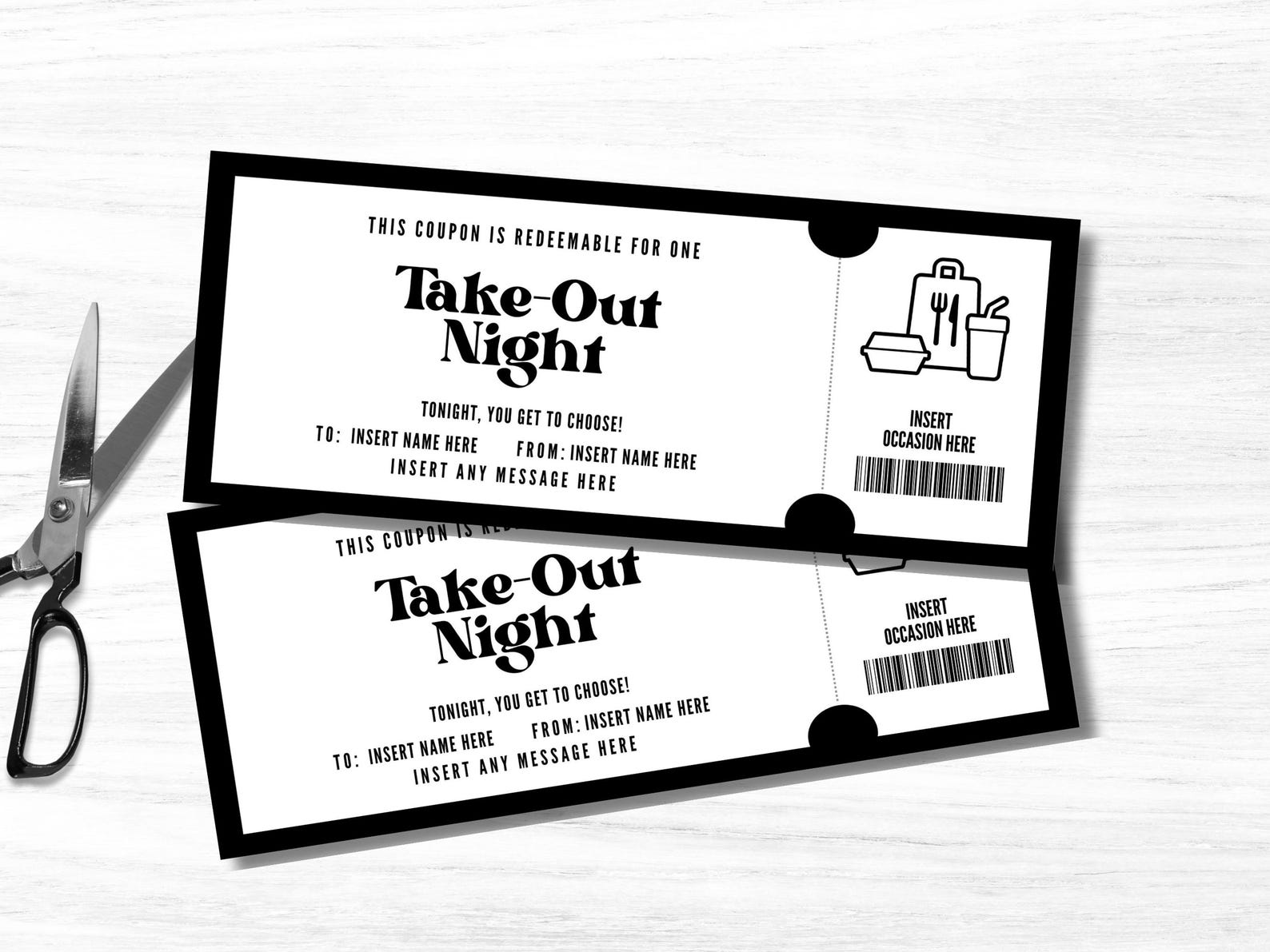 Editable Take-out Night Coupon, Printable Food Delivery Ticket Template ...