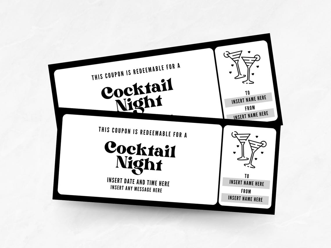 Printable Cocktail Night Coupon Template, Editable Cocktail Bar Ticket ...