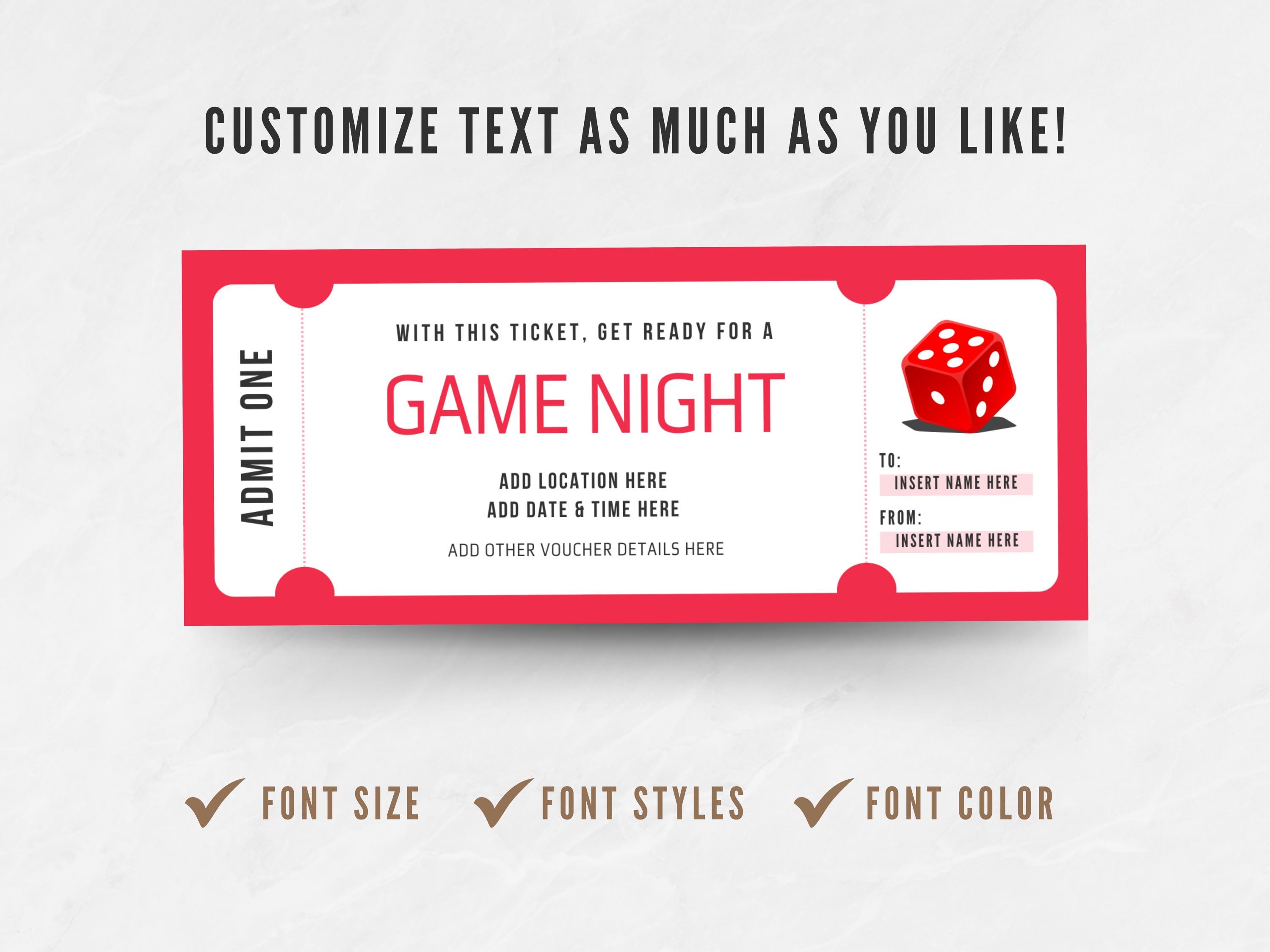 Editable Game Night Coupon, Custom Family Game Night Ticket Template ...