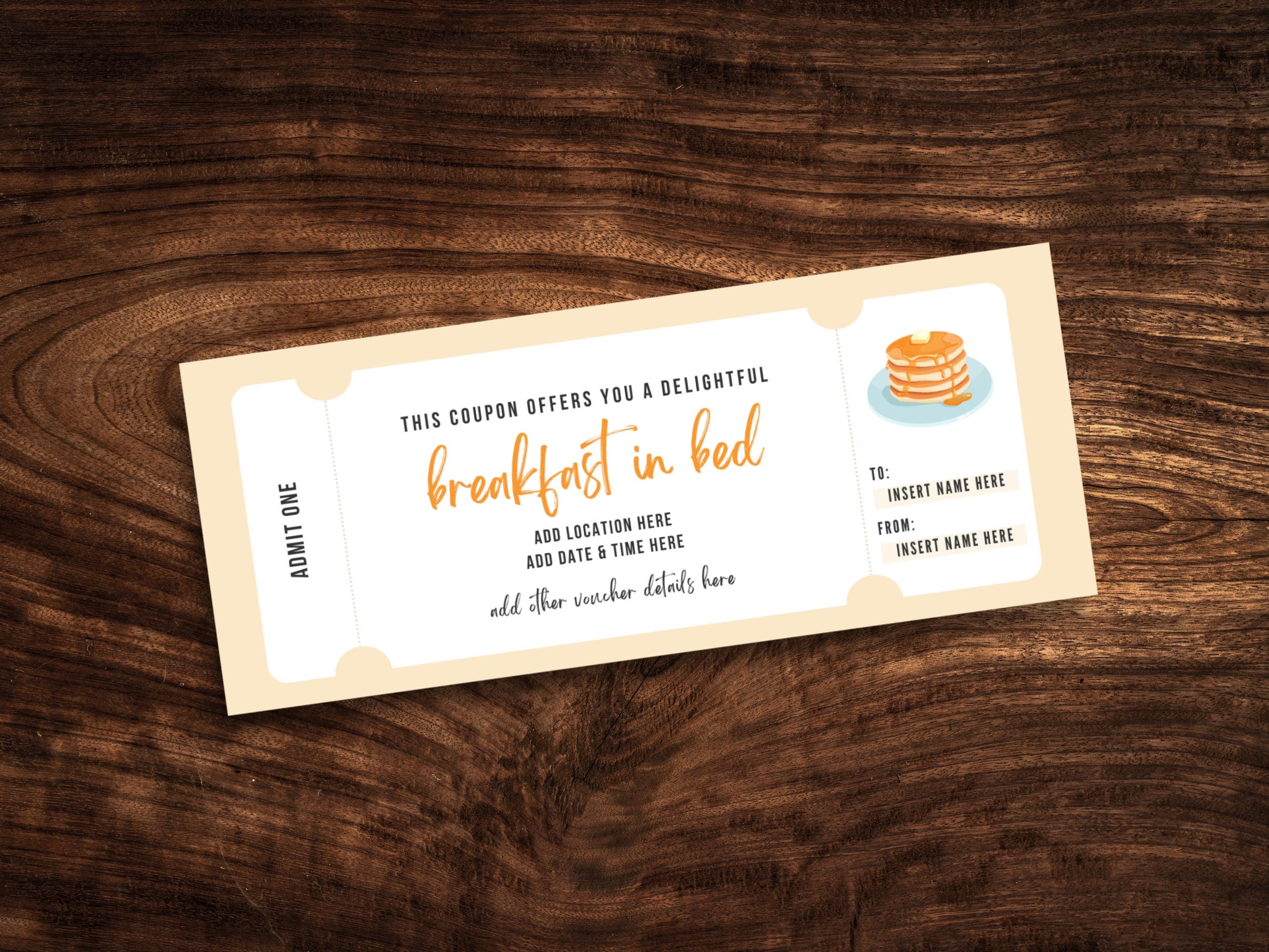 Editable Breakfast in Bed Coupon, Printable Breakfast in Bed Ticket ...