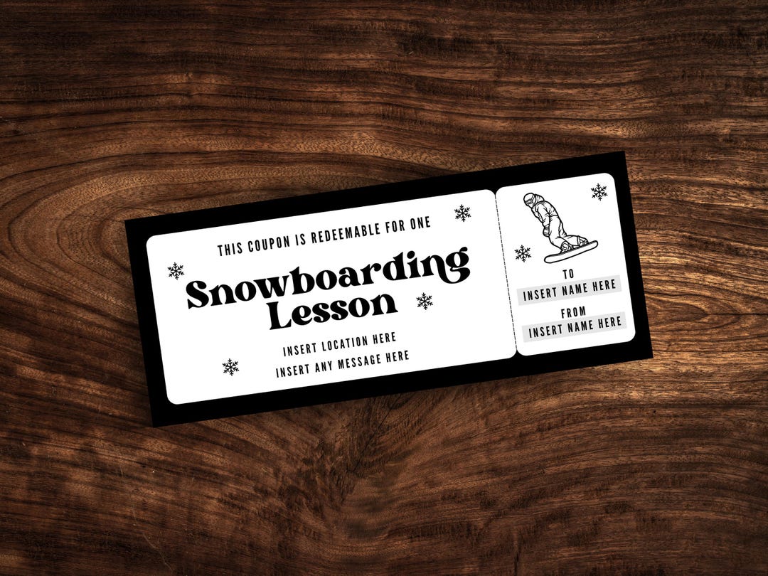 Editable Snowboarding Lesson Coupon, Custom Snowboarding Lift Ticket ...