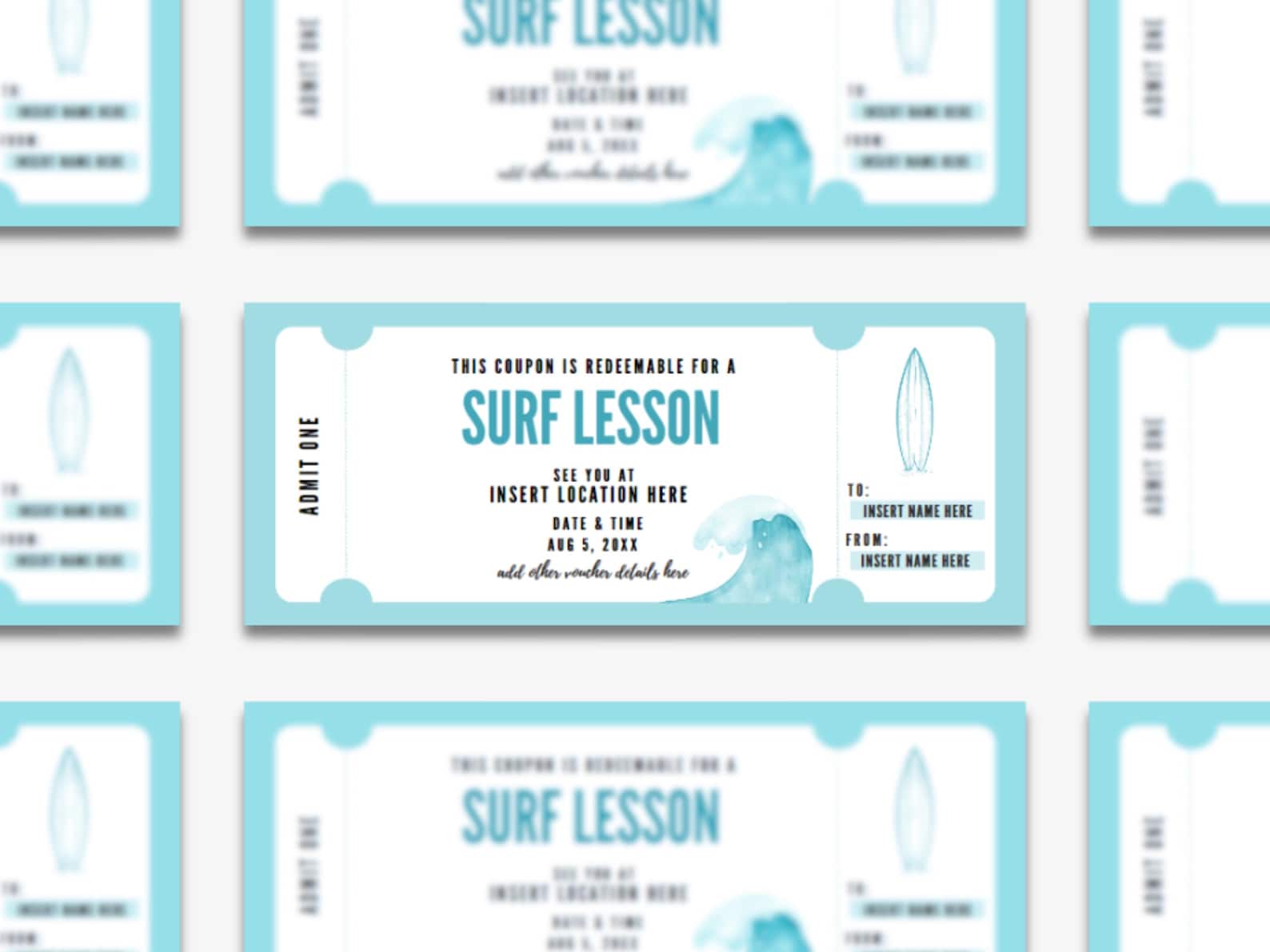 Editable Surf Lesson Coupon, Custom Surfing Lessons Ticket Template ...