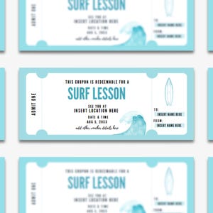 Editable Surf Lesson Coupon, Custom Surfing Lessons Ticket Template ...