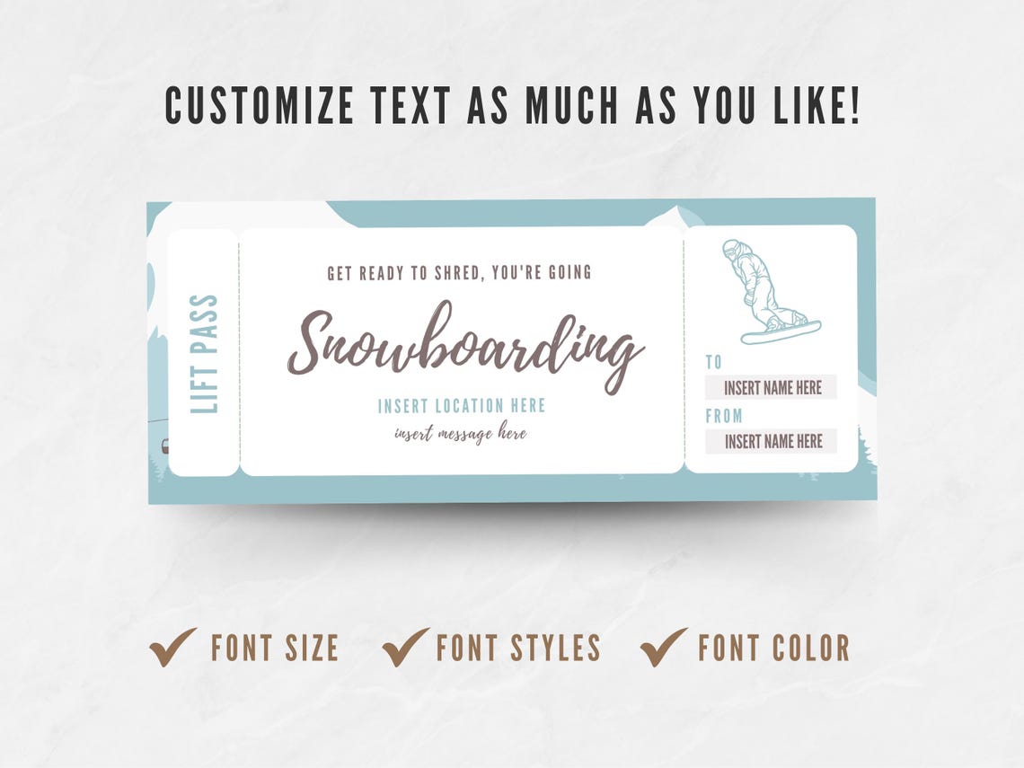Editable Snowboarding Lift Ticket Template, Custom Snowboarding Trip ...