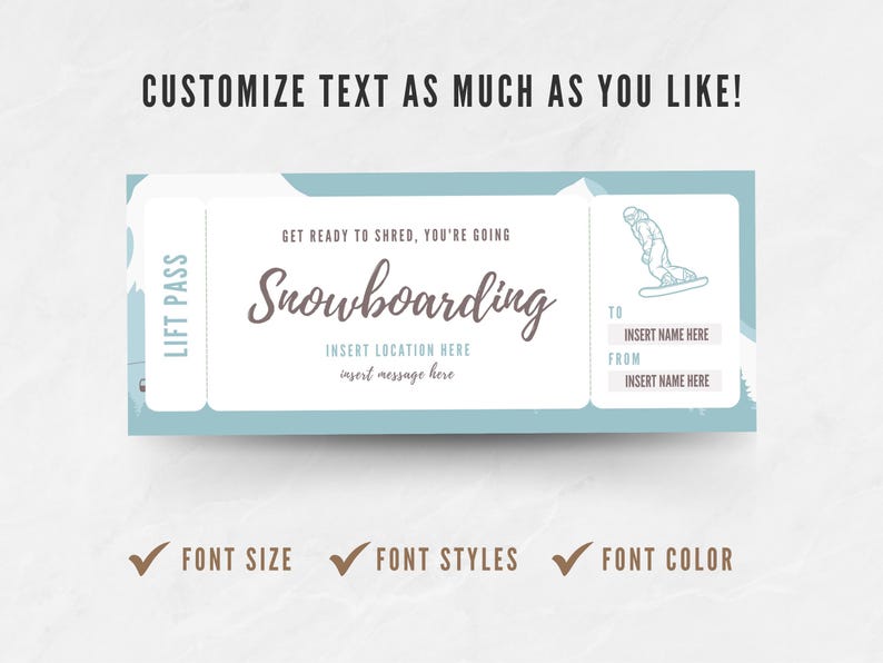 Editable Snowboarding Lift Ticket Template, Custom Snowboarding Trip ...