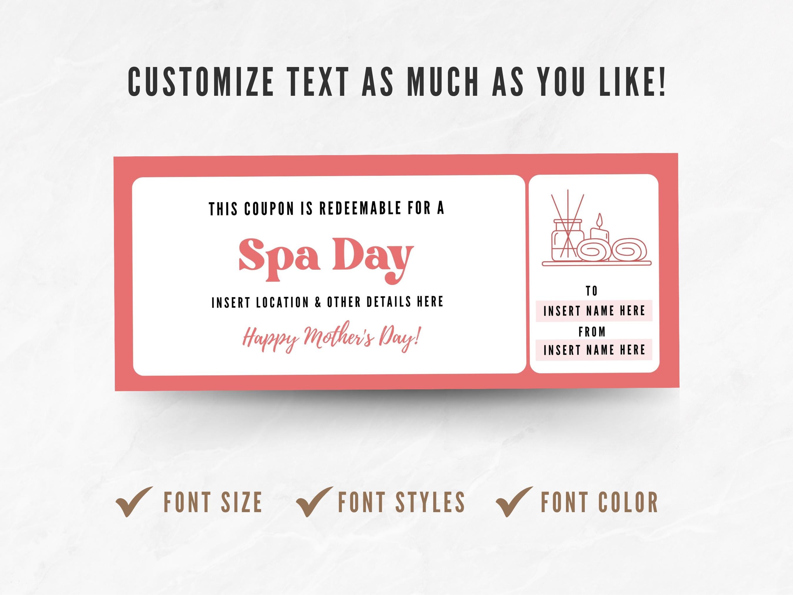 Editable Spa Day Coupon, Printable Spa Ticket Voucher, Custom Mother's ...