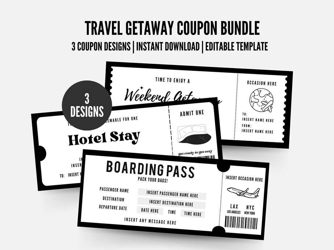 Editable Travel Getaway Coupon Bundle, Printable Boarding Pass Coupon ...