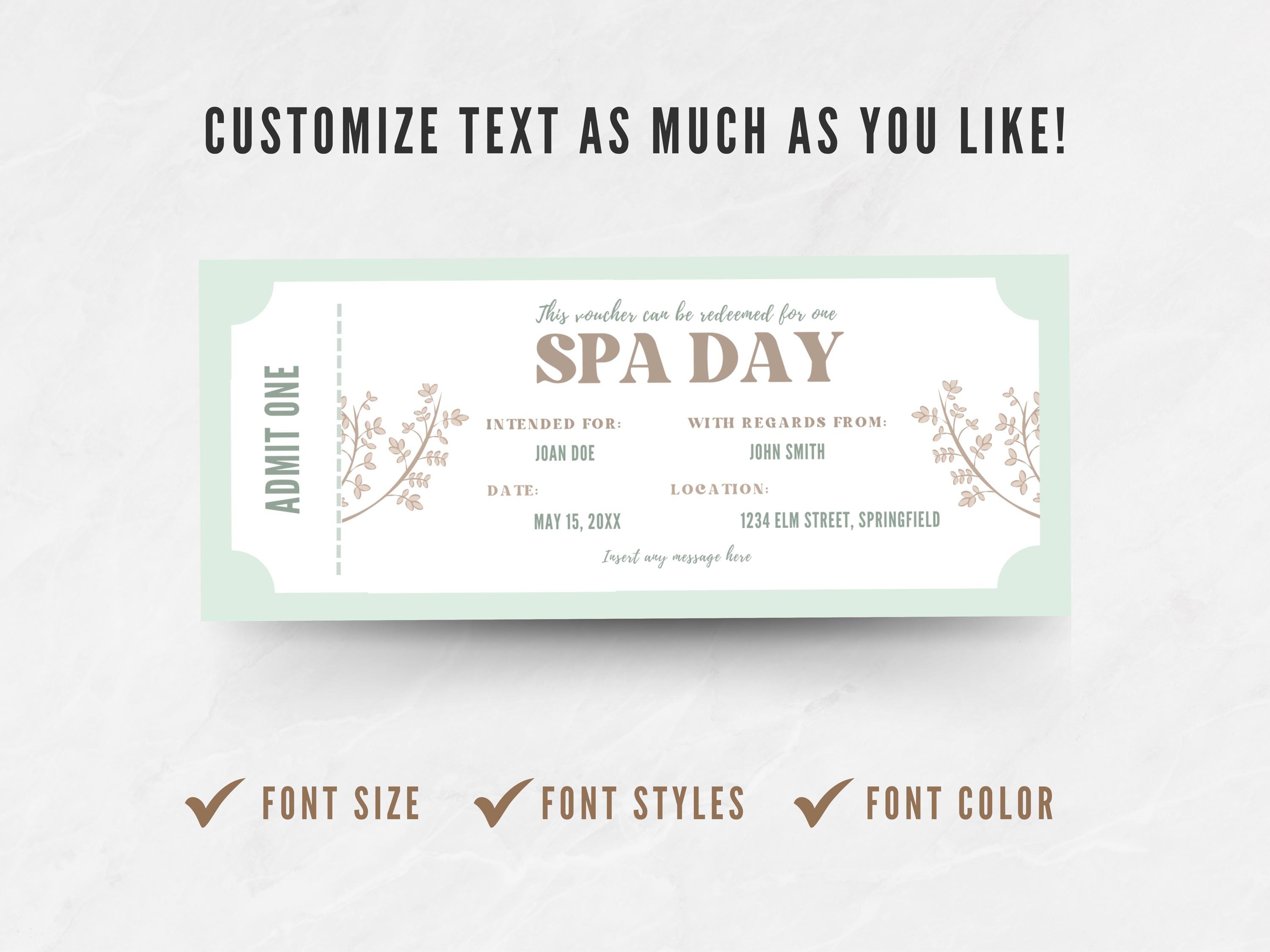 Editable Spa Day Coupon, Printable Spa Ticket Voucher, Custom Spa Day ...