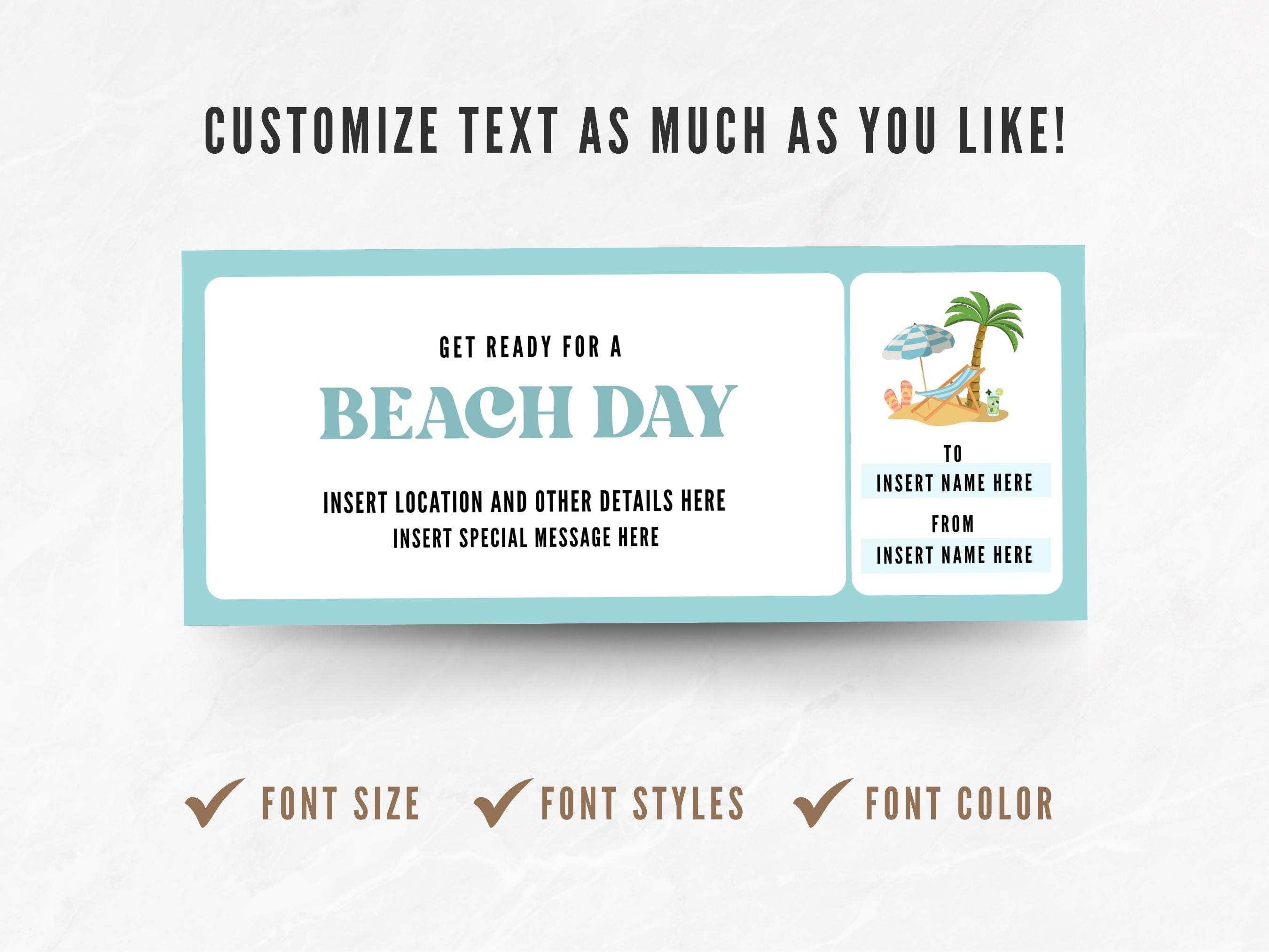 Editable Beach Day Ticket Template, Printable Beach Day Coupon ...